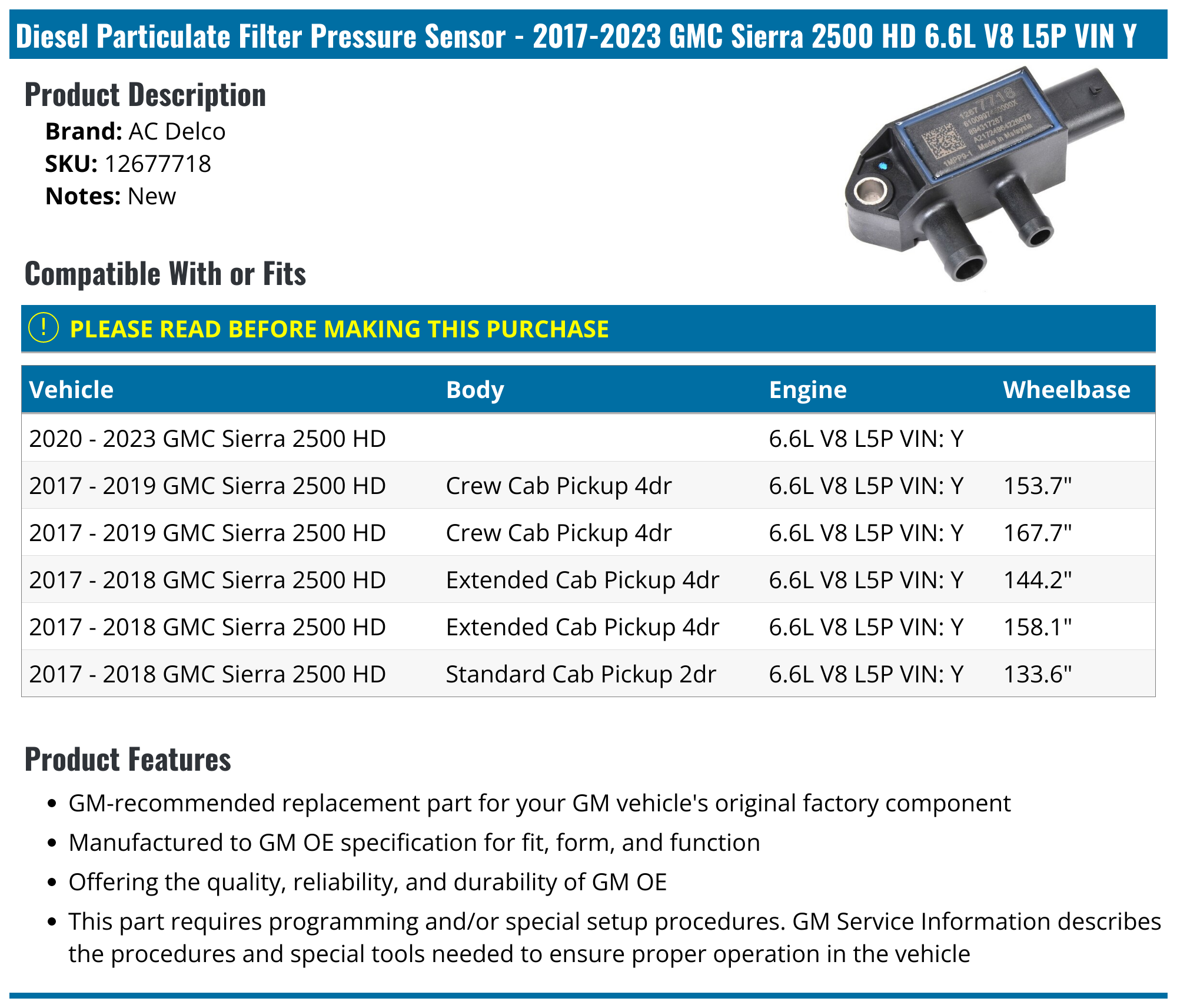 2017-2023 GMC Sierra 2500 HD Diesel Particulate Filter Pressure Sensor ...