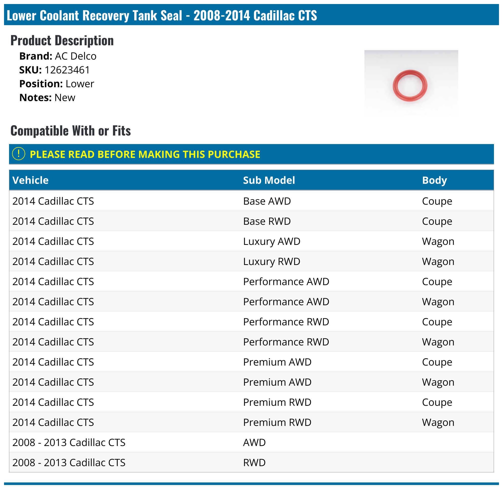 2008-2014 Cadillac CTS Coolant Recovery Tank Seal - AC Delco 12623461 ...