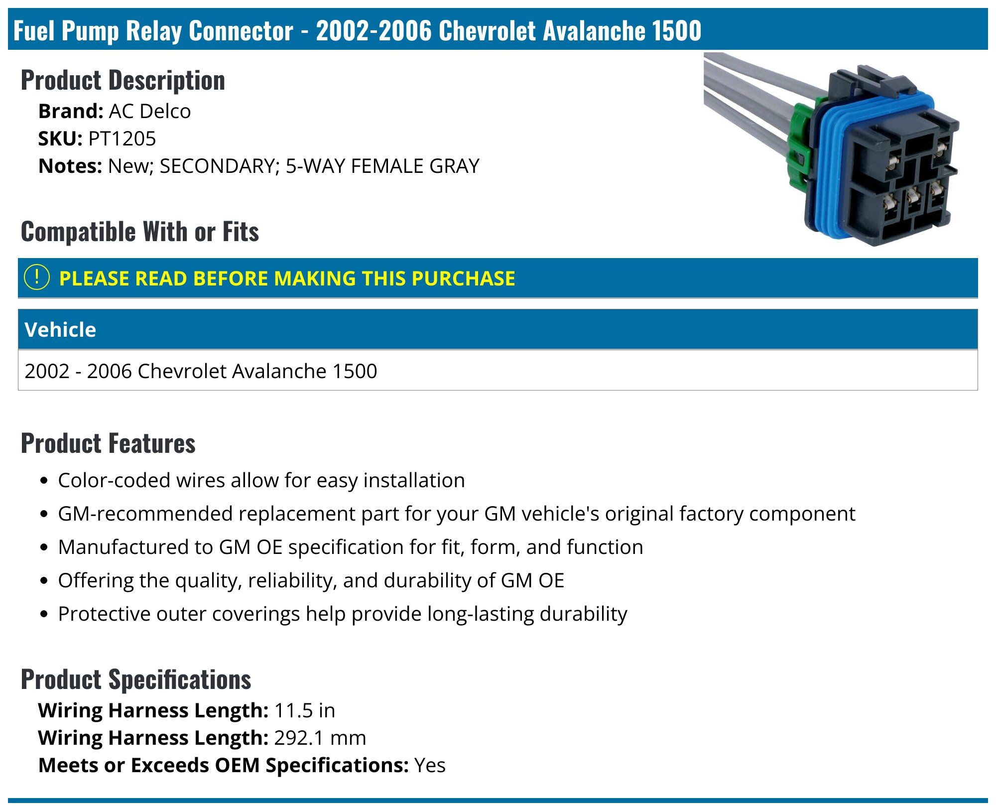 2002-2006 Chevrolet Avalanche 1500 Fuel Pump Relay Connector - AC Delco ...