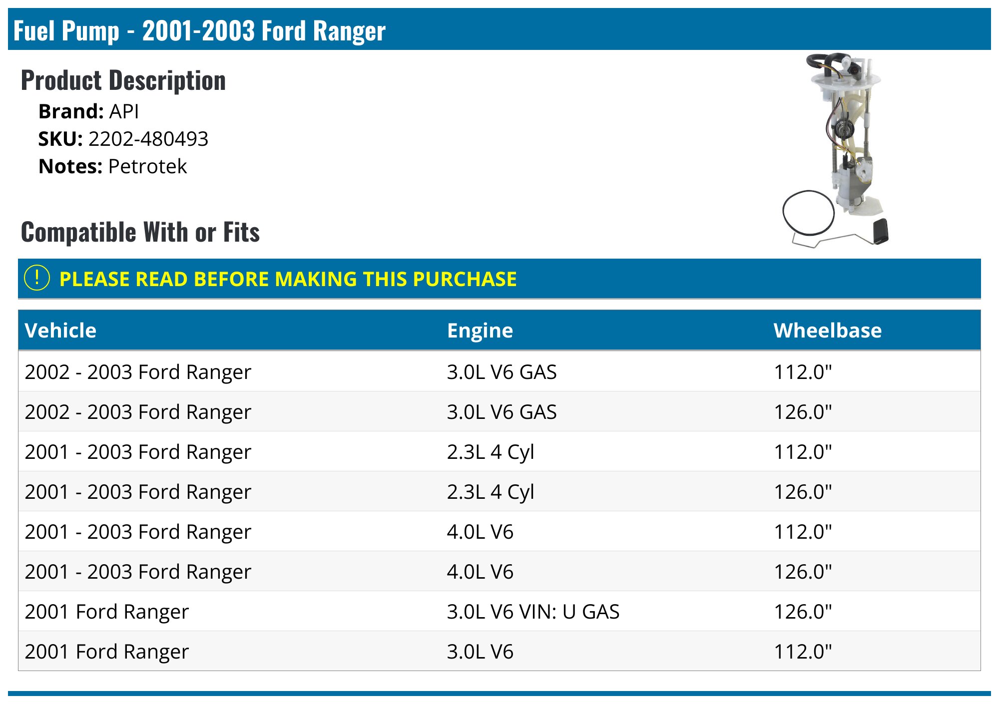 2001-2003 Ford Ranger Fuel Pump - API 5520-07215295 - PartsGeek.com
