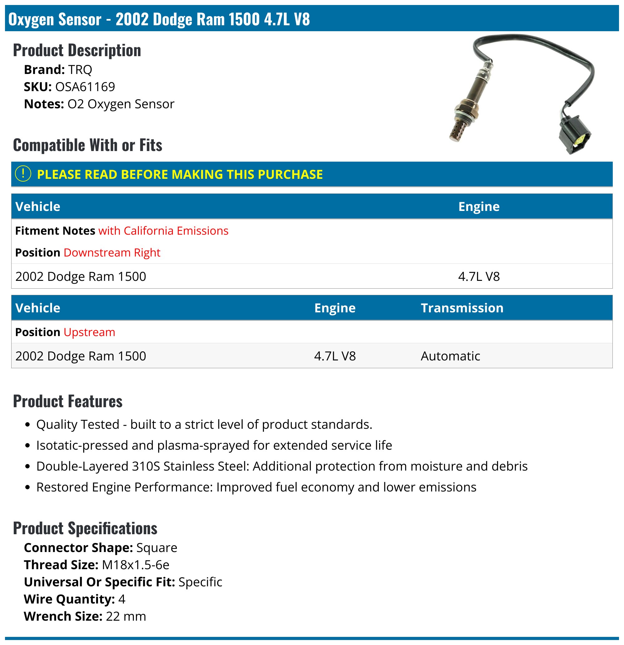 2002 Dodge Ram 1500 Oxygen Sensor - TRQ OSA61169 - Upstream Right ...