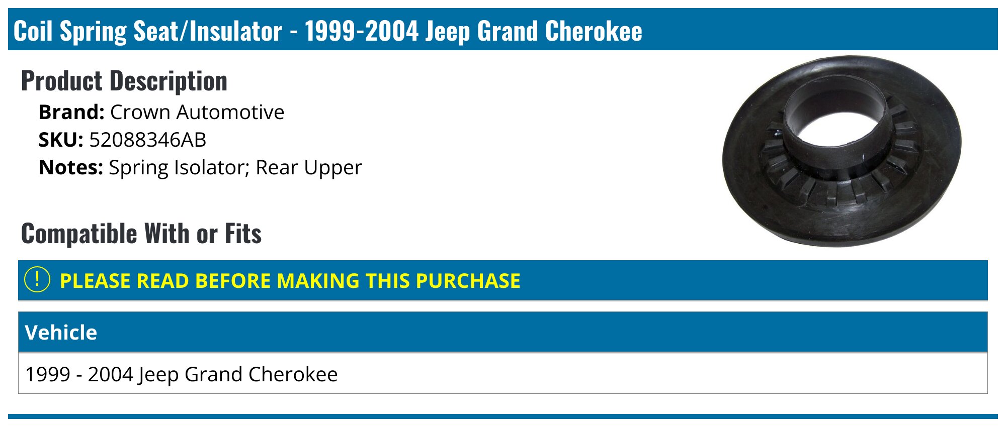 1999-2004 Jeep Grand Cherokee Coil Spring Seat/Insulator - Crown ...