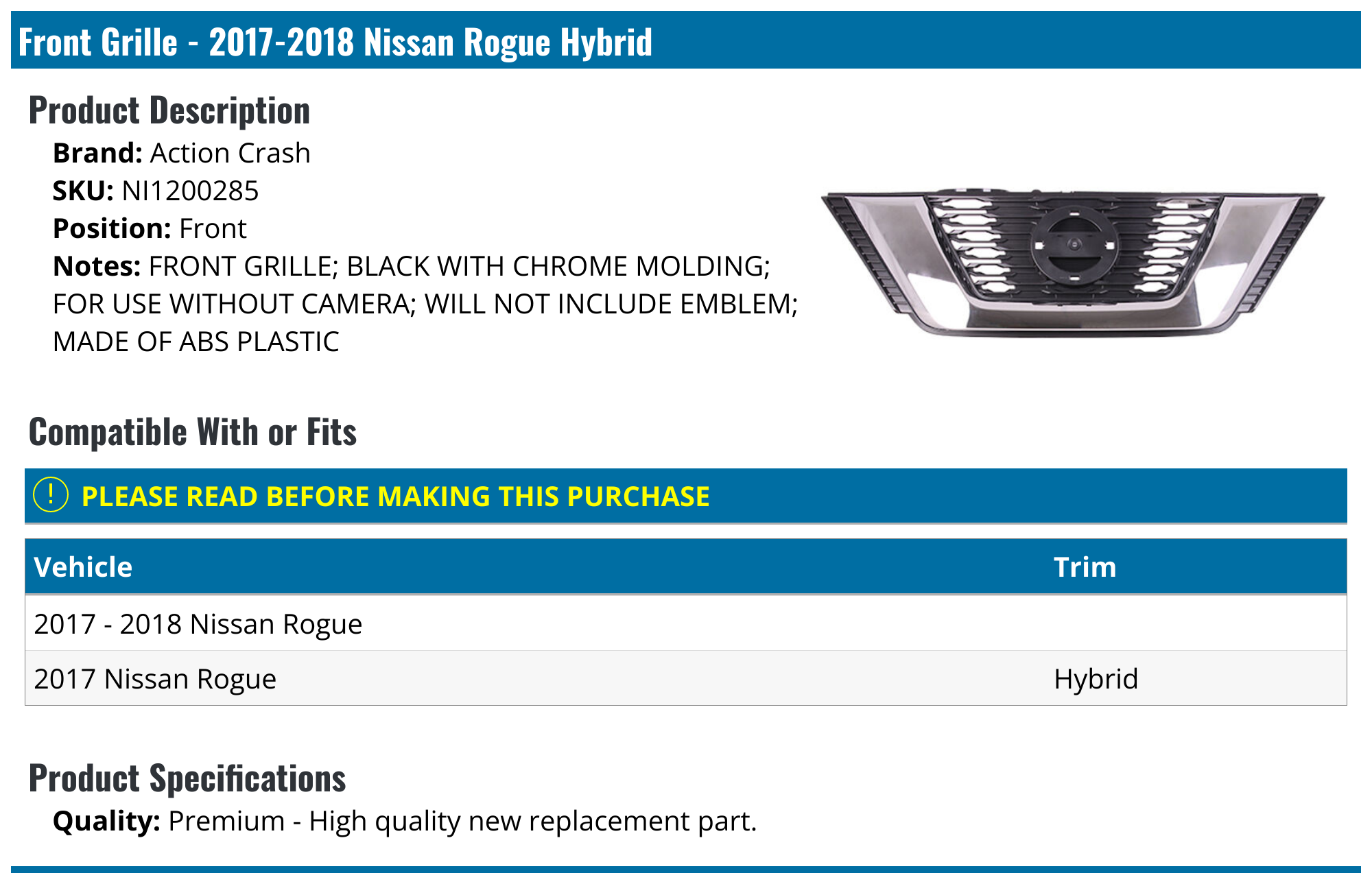 2017-2018 Nissan Rogue Grille Assembly - Action Crash NI1200285 - Front ...
