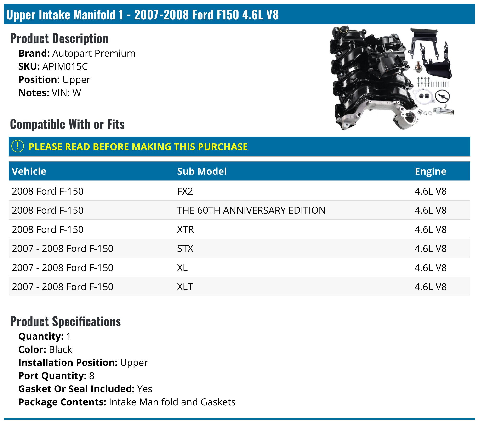 2007-2008 Ford F150 Intake Manifold - Autopart Premium APIM015C - Upper ...
