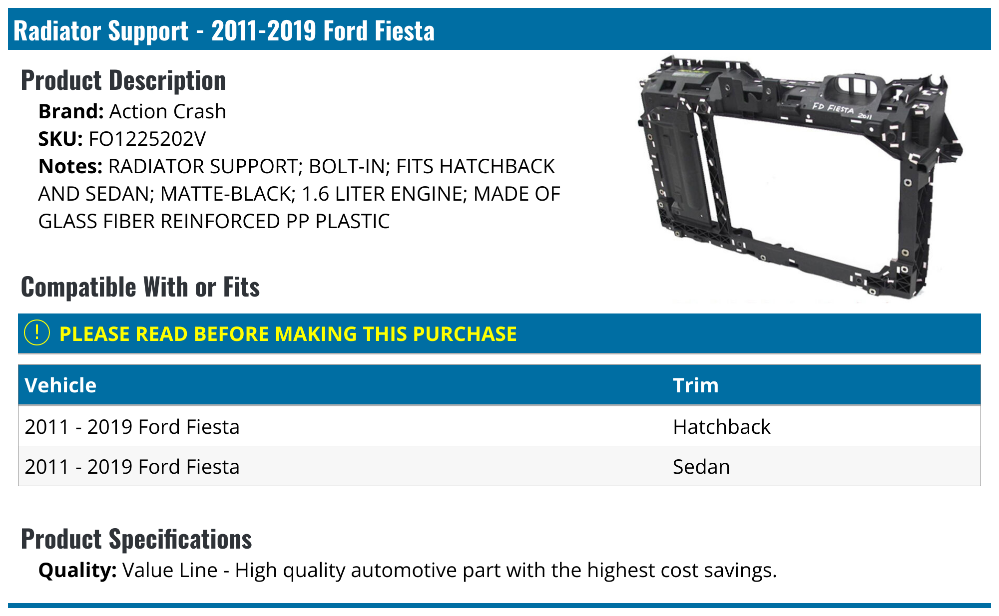 2011-2019 Ford Fiesta Radiator Support - Action Crash FO1225202V ...