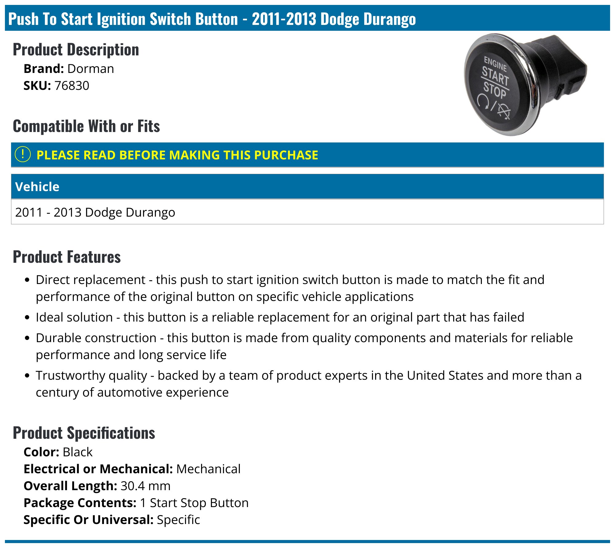 2011-2013 Dodge Durango Push To Start Ignition Switch Button - Dorman ...