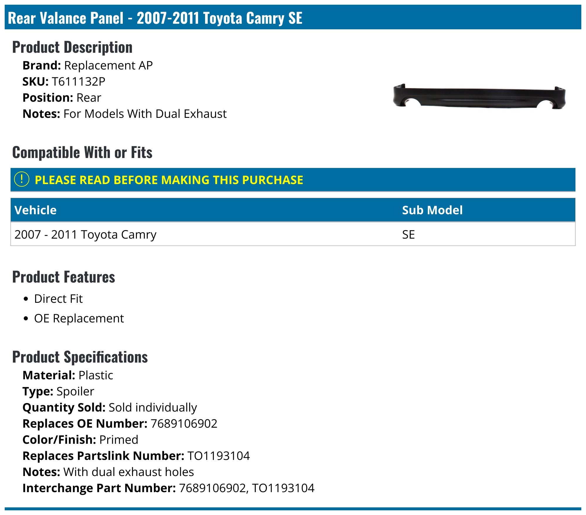 2007-2011 Toyota Camry Valance Panel - Replacement AP T611132P - Rear ...