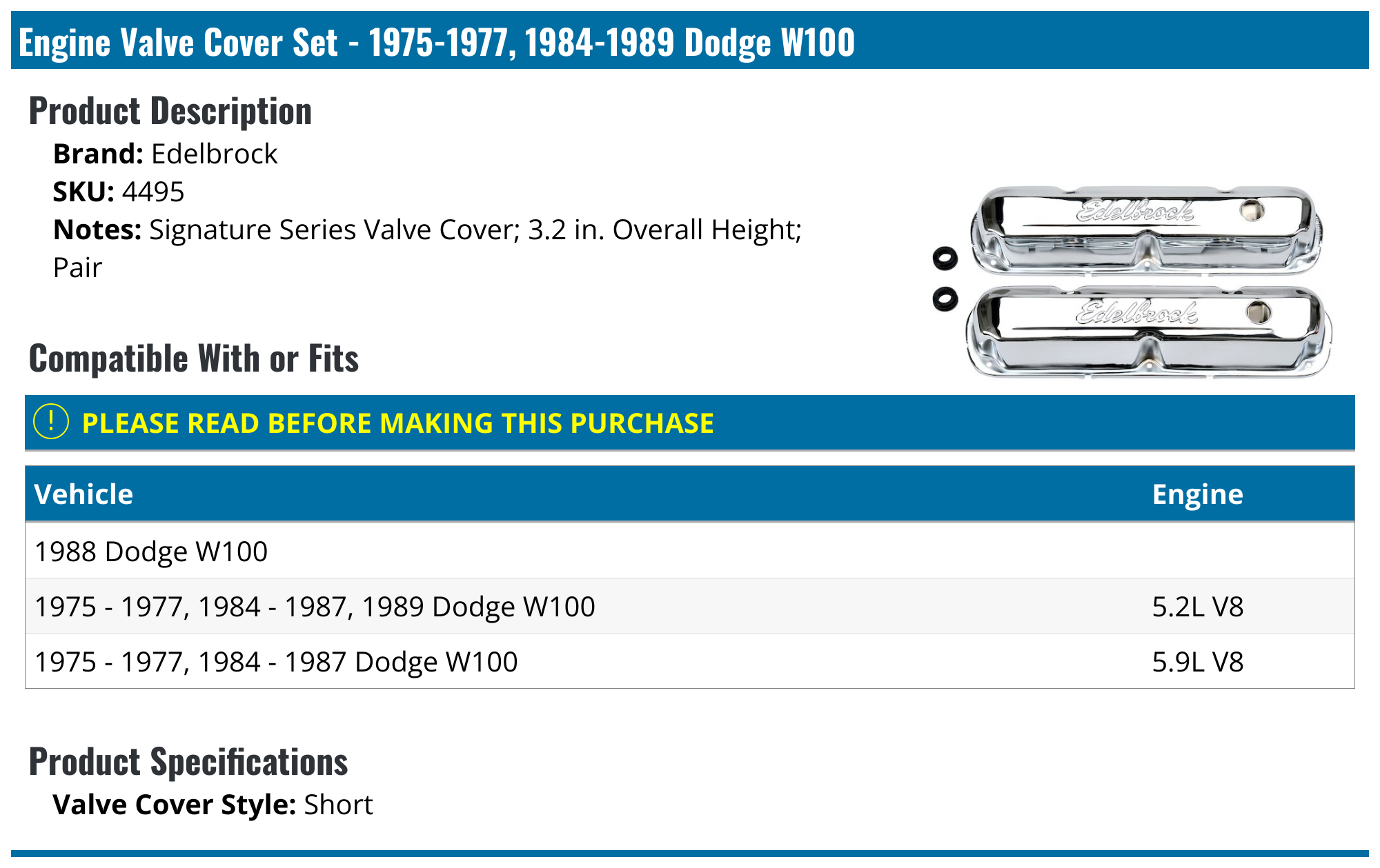 1975-1977, 1984-1989 Dodge W100 Valve Cover - Edelbrock 4495 ...