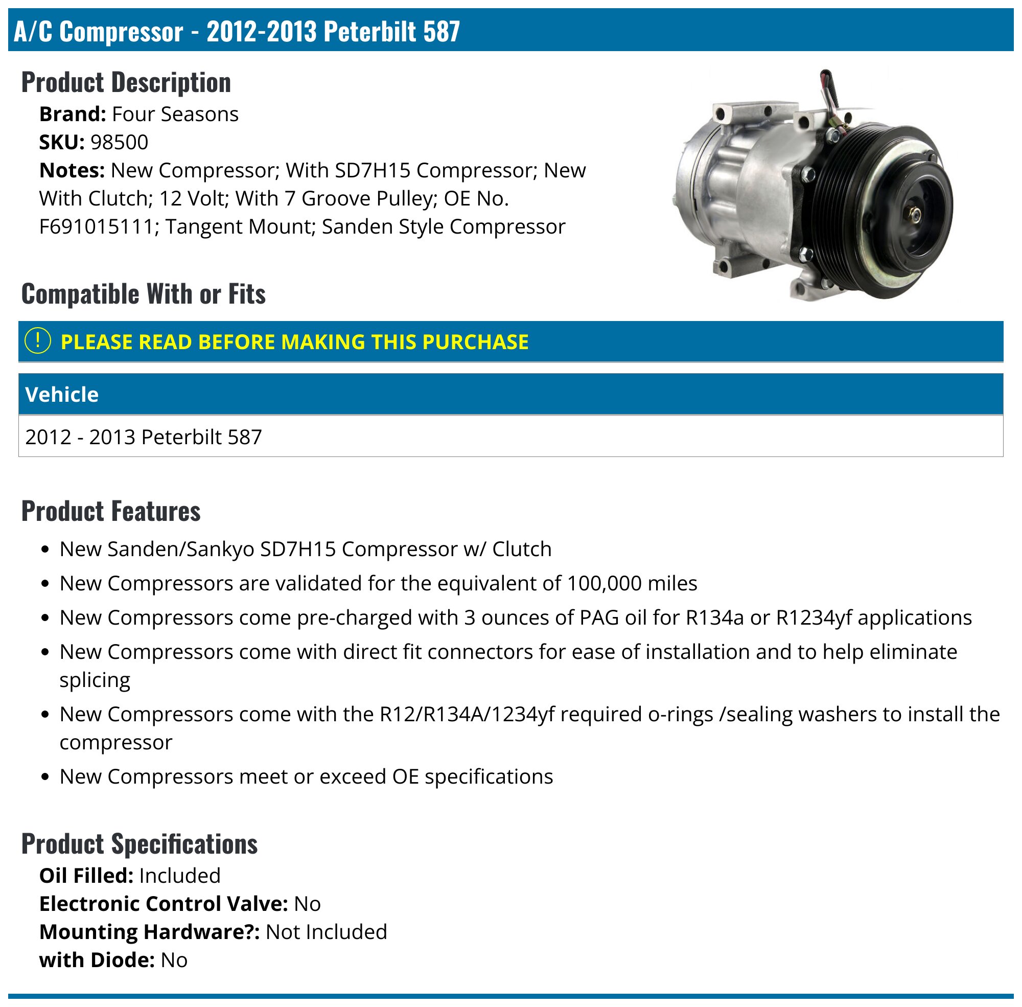 2012-2013 Peterbilt 587 A/C Compressor - Four Seasons 98500 - PartsGeek.com