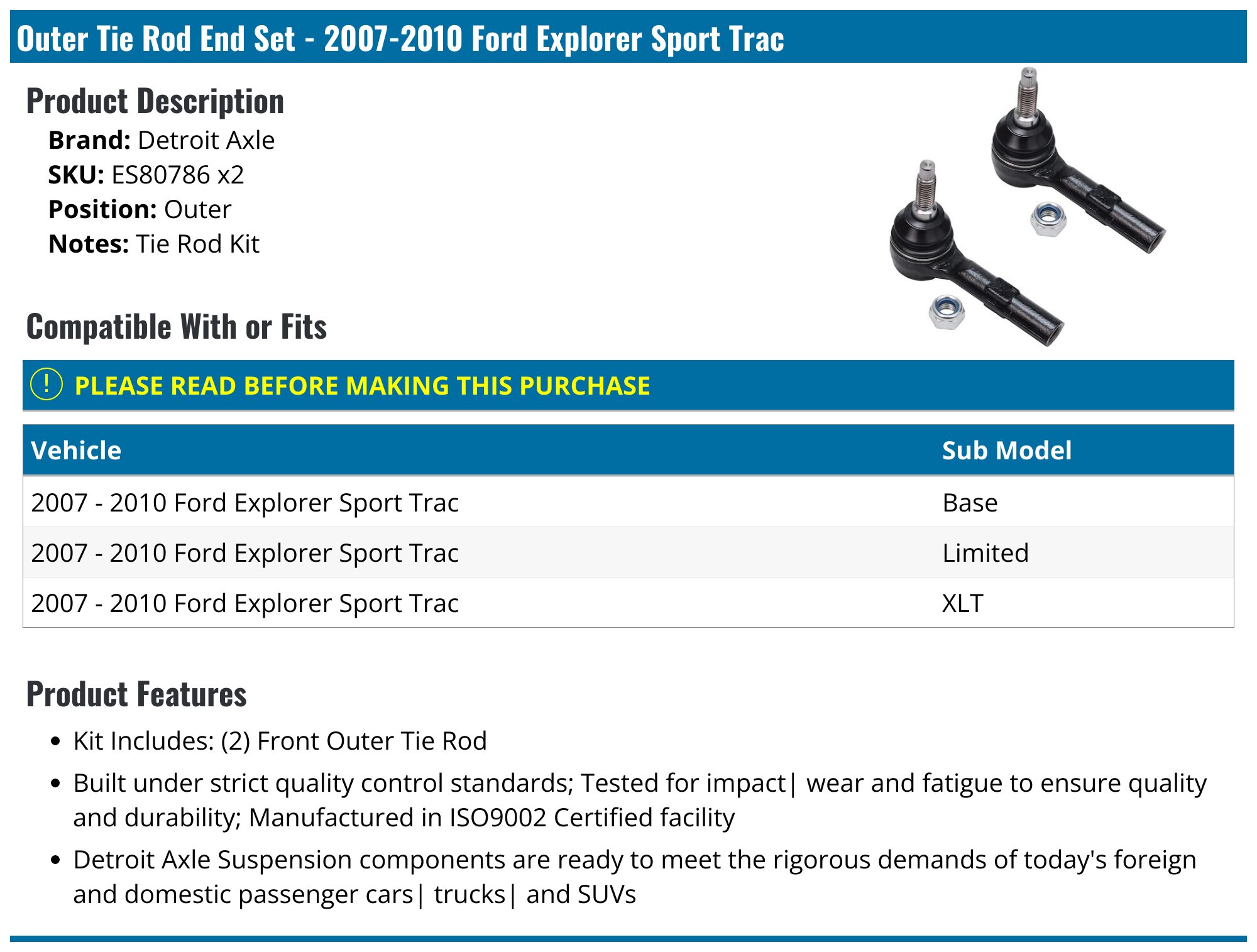2007-2010 Ford Explorer Sport Trac Tie Rod - Detroit Axle ES80786 x2 ...