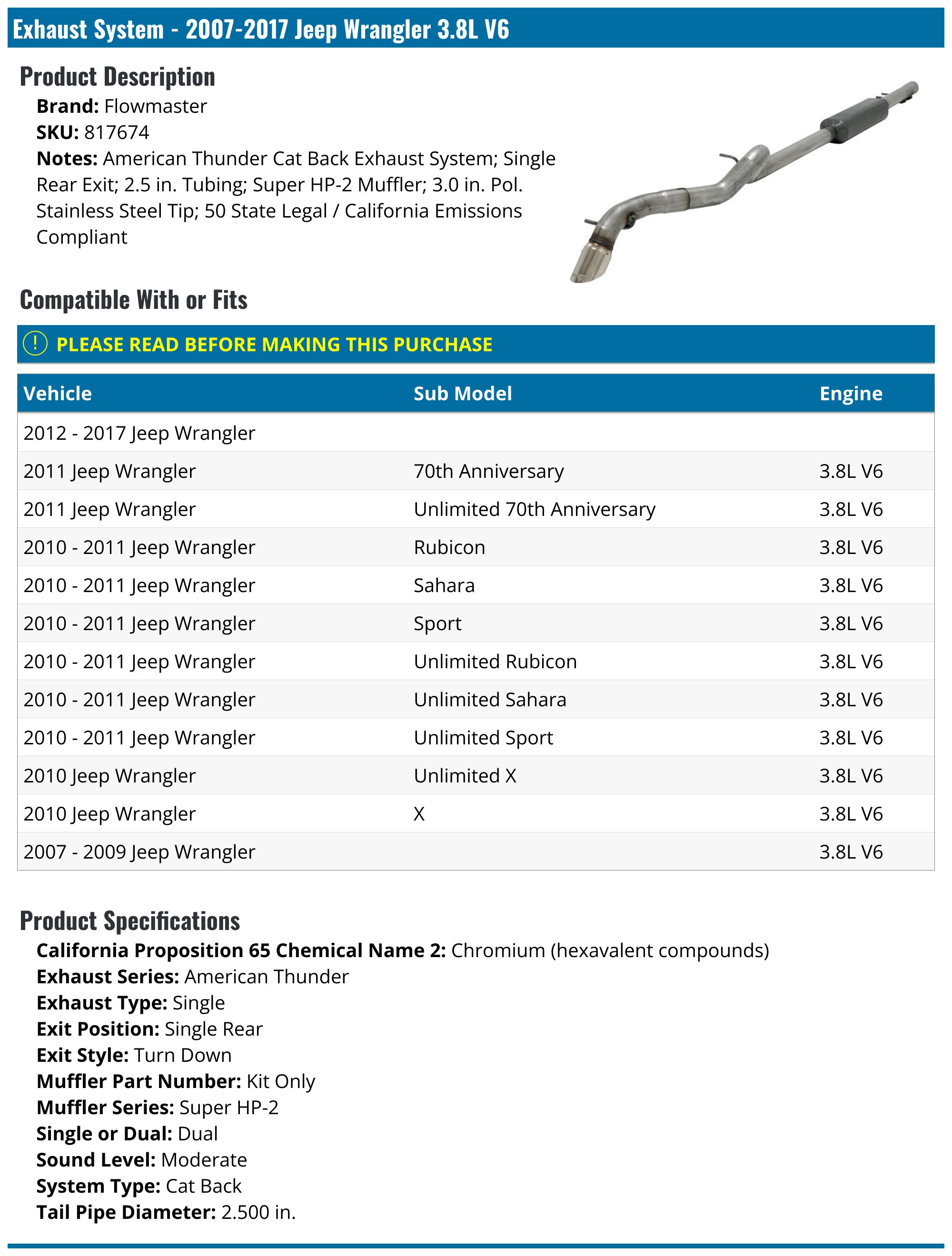 2007-2017 Jeep Wrangler Muffler - Flowmaster 817674 - PartsGeek.com