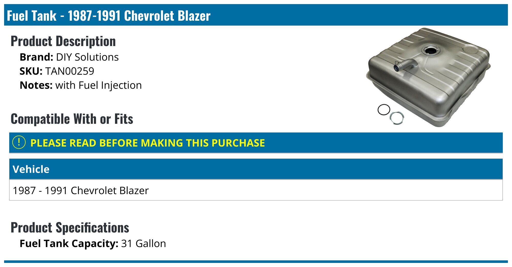 1987-1991 Chevrolet Blazer Fuel Tank - DIY Solutions TAN00259 ...