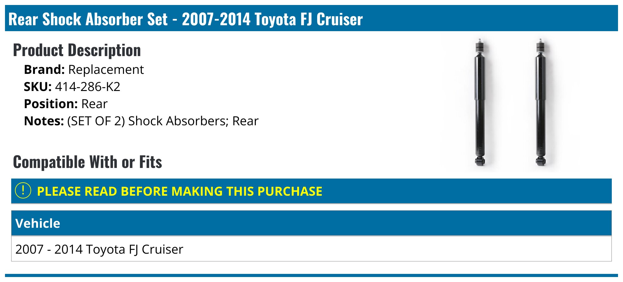 2007-2014 Toyota FJ Cruiser Shock Absorber - Replacement 414-286-K2 ...