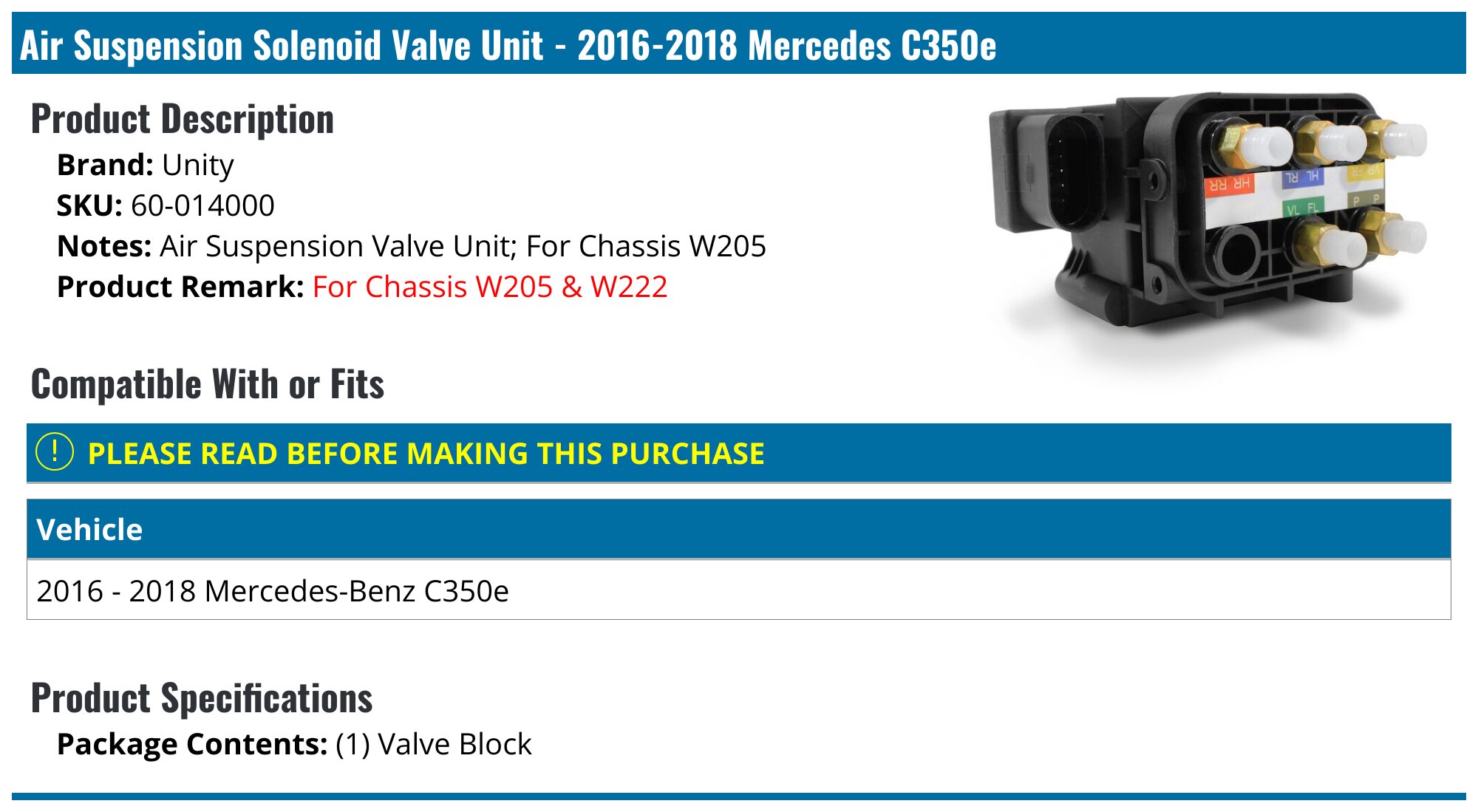 2016-2018 Mercedes C350e Air Suspension Solenoid Valve Unit - Unity 60 ...