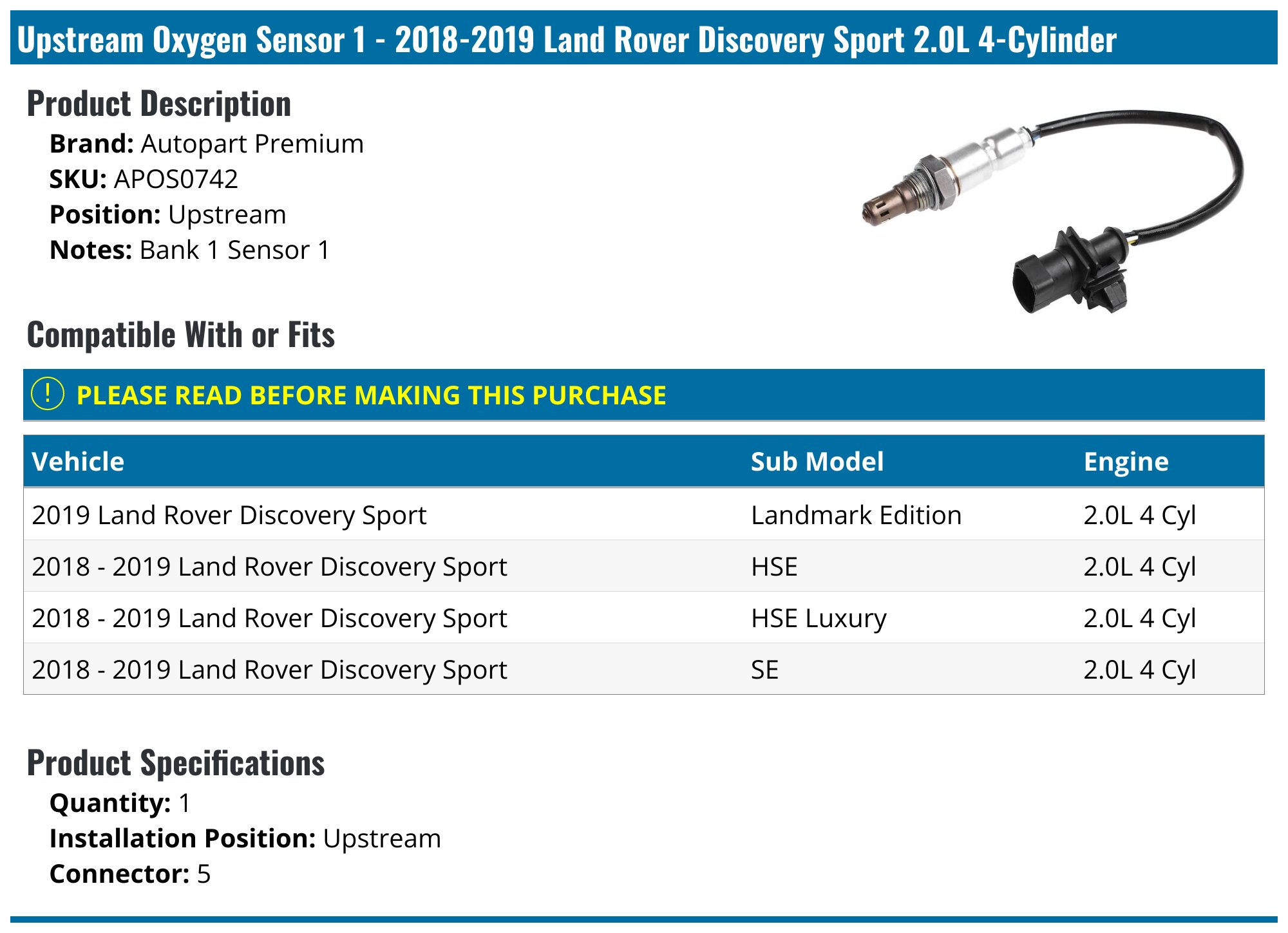 2018-2019 Land Rover Discovery Sport Oxygen Sensor - Autopart Premium ...