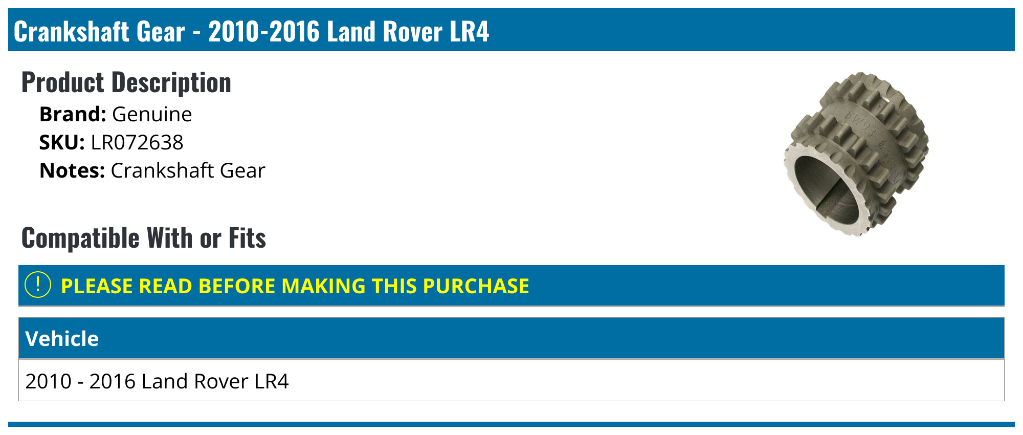 2010-2016 Land Rover LR4 Crankshaft Gear - Genuine LR072638 - PartsGeek.com