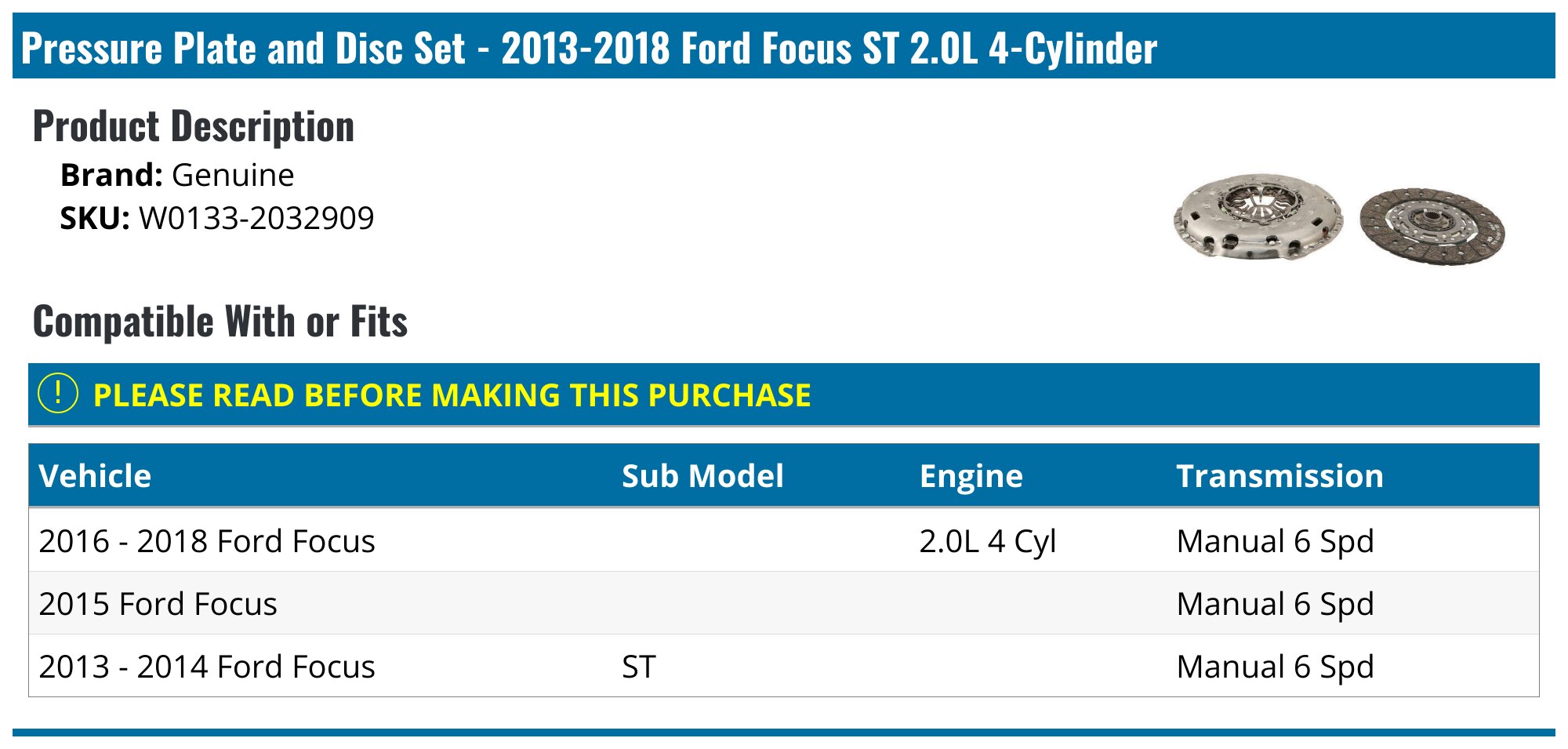 2013-2018 Ford Focus Pressure Plate and Disc Set - Genuine W0133 ...