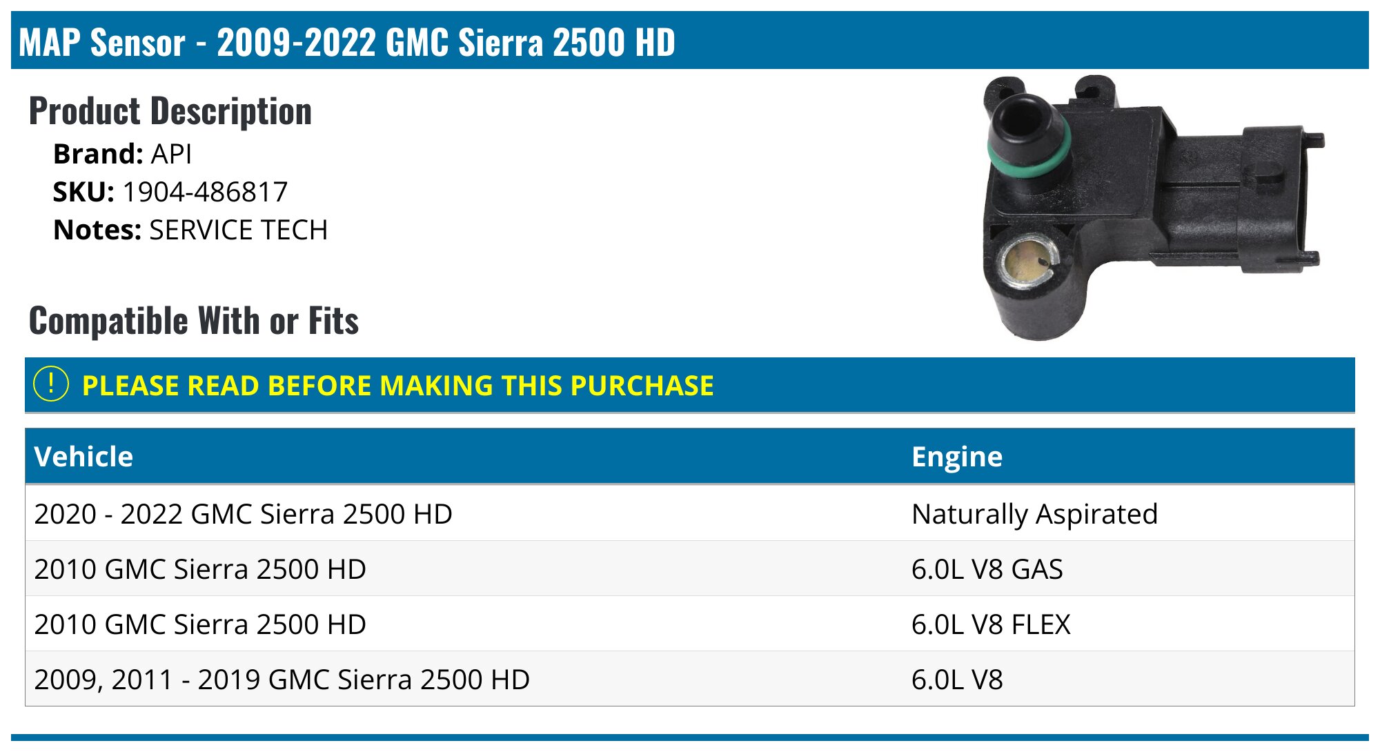 2009-2023 GMC Sierra 2500 HD MAP Sensor - API 30006-07710896 ...