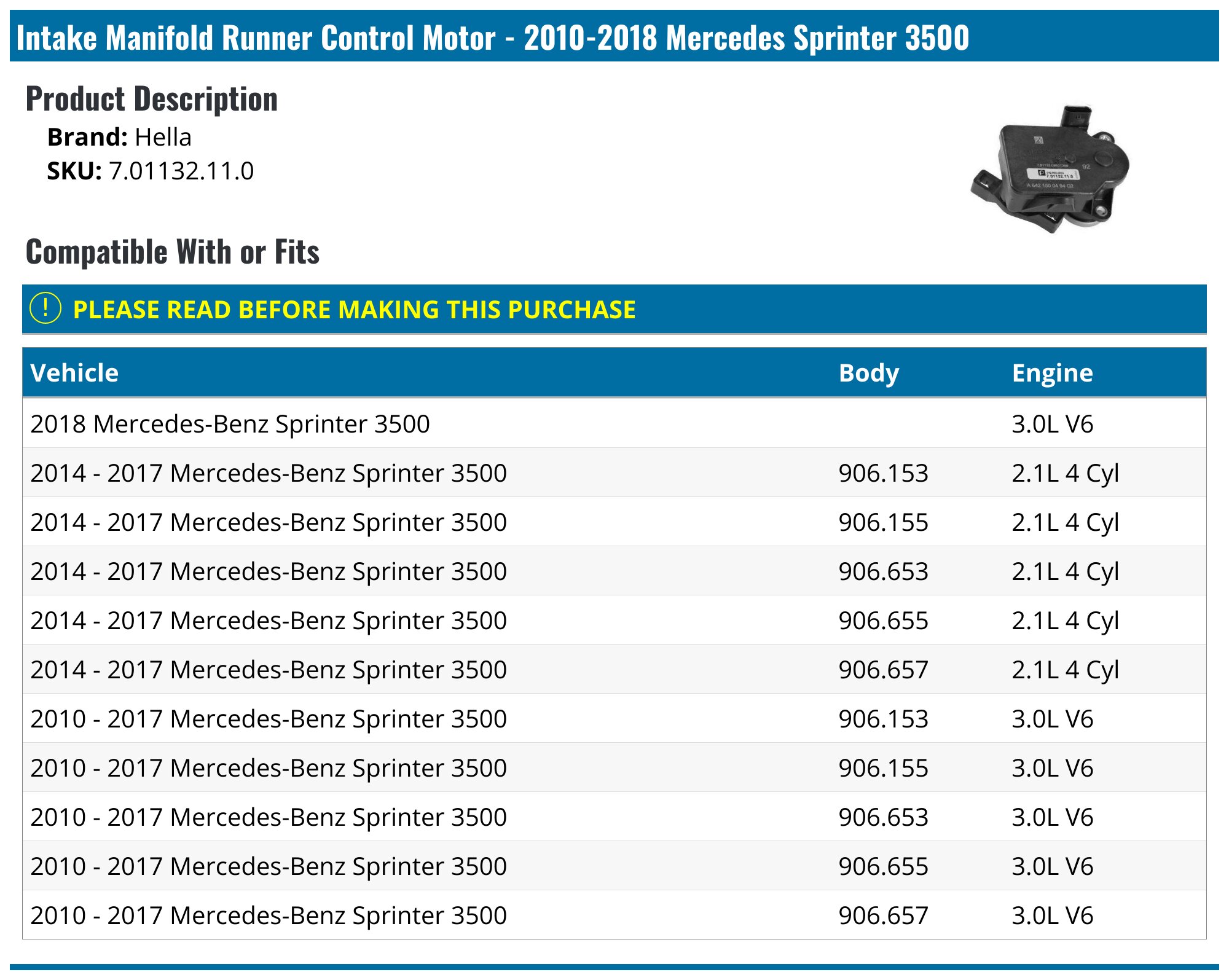 2010-2018 Mercedes Sprinter 3500 Intake Manifold Flap Motor - Hella 7 ...