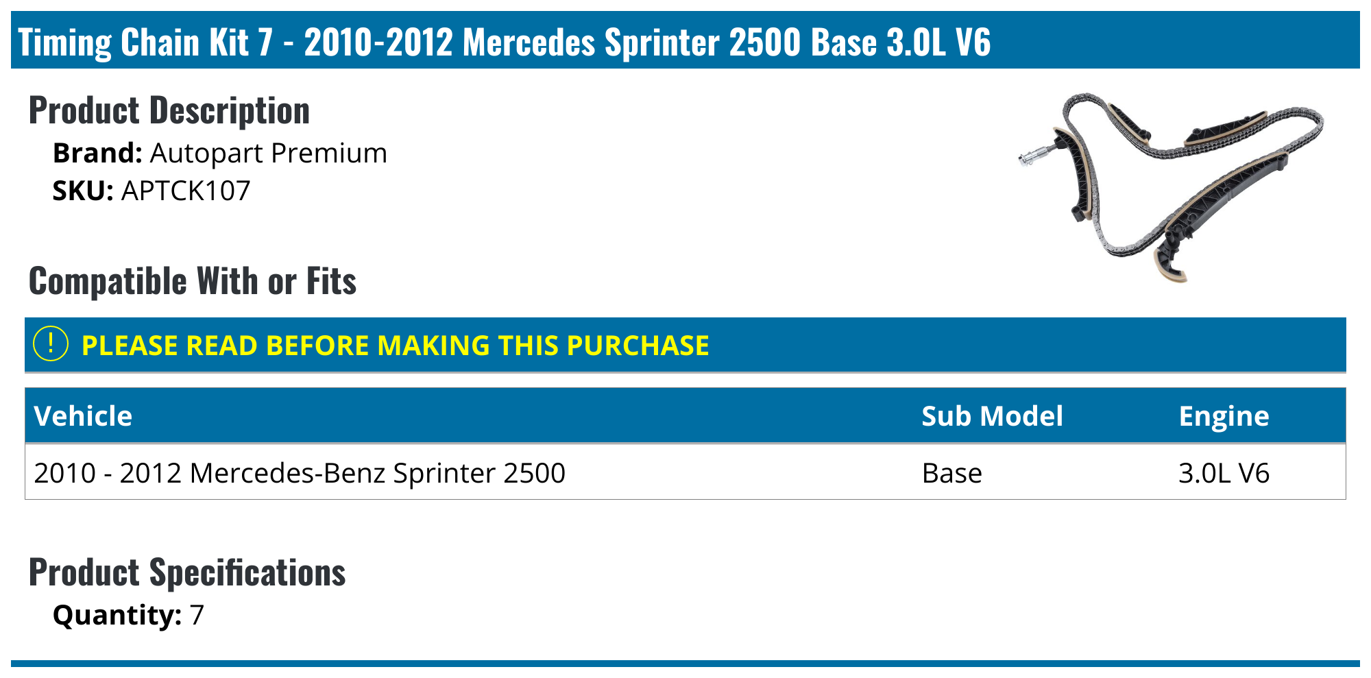 2010-2012 Mercedes Sprinter 2500 Timing Chain - Autopart Premium ...
