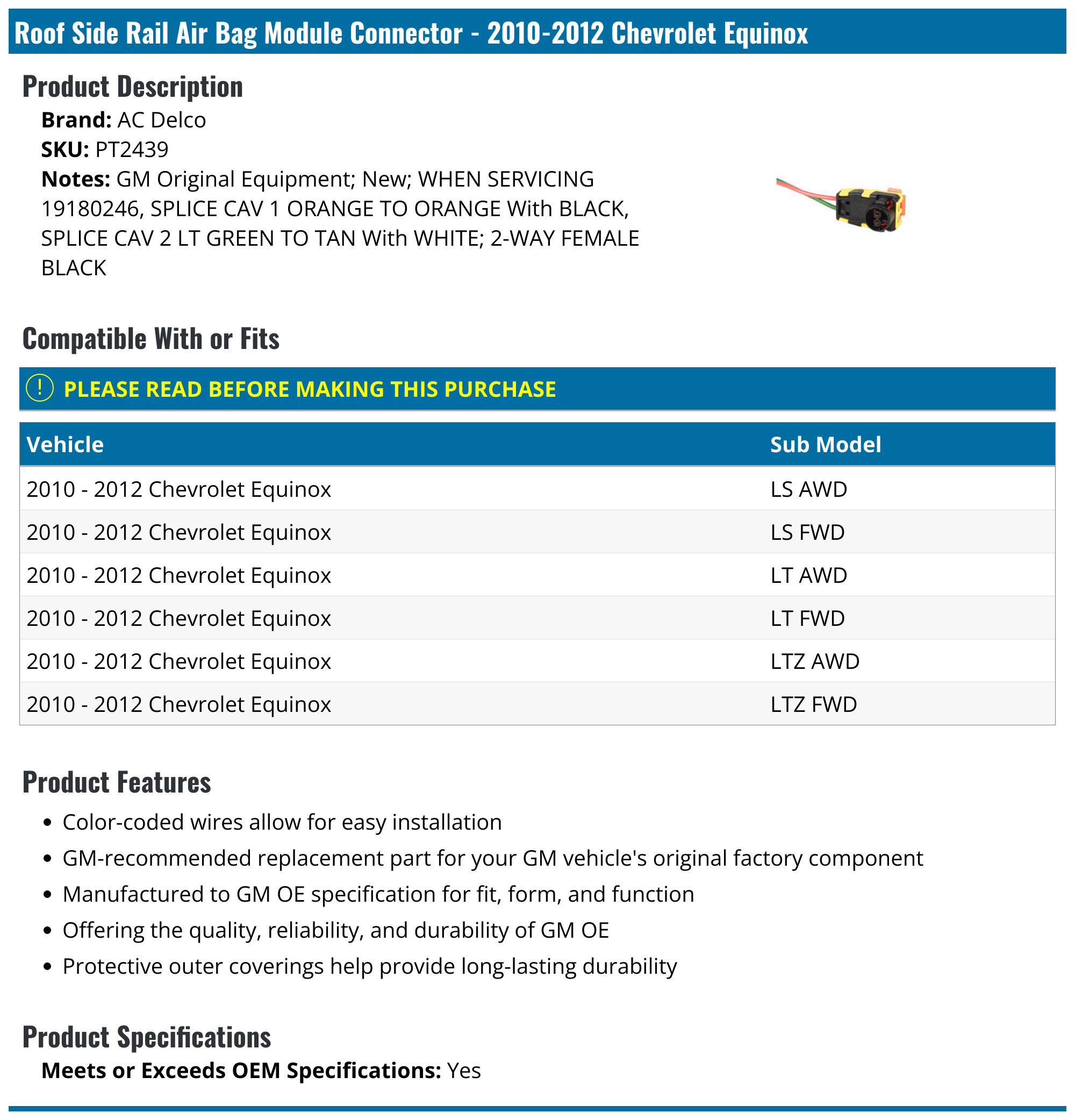 2010-2012 Chevrolet Equinox Roof Side Rail Air Bag Module Connector ...