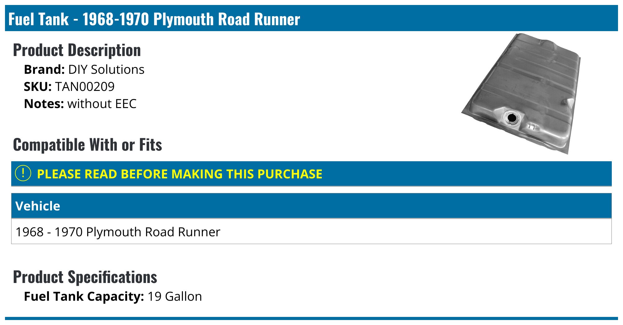 1968-1970 Plymouth Road Runner Fuel Tank - DIY Solutions TAN00209 ...