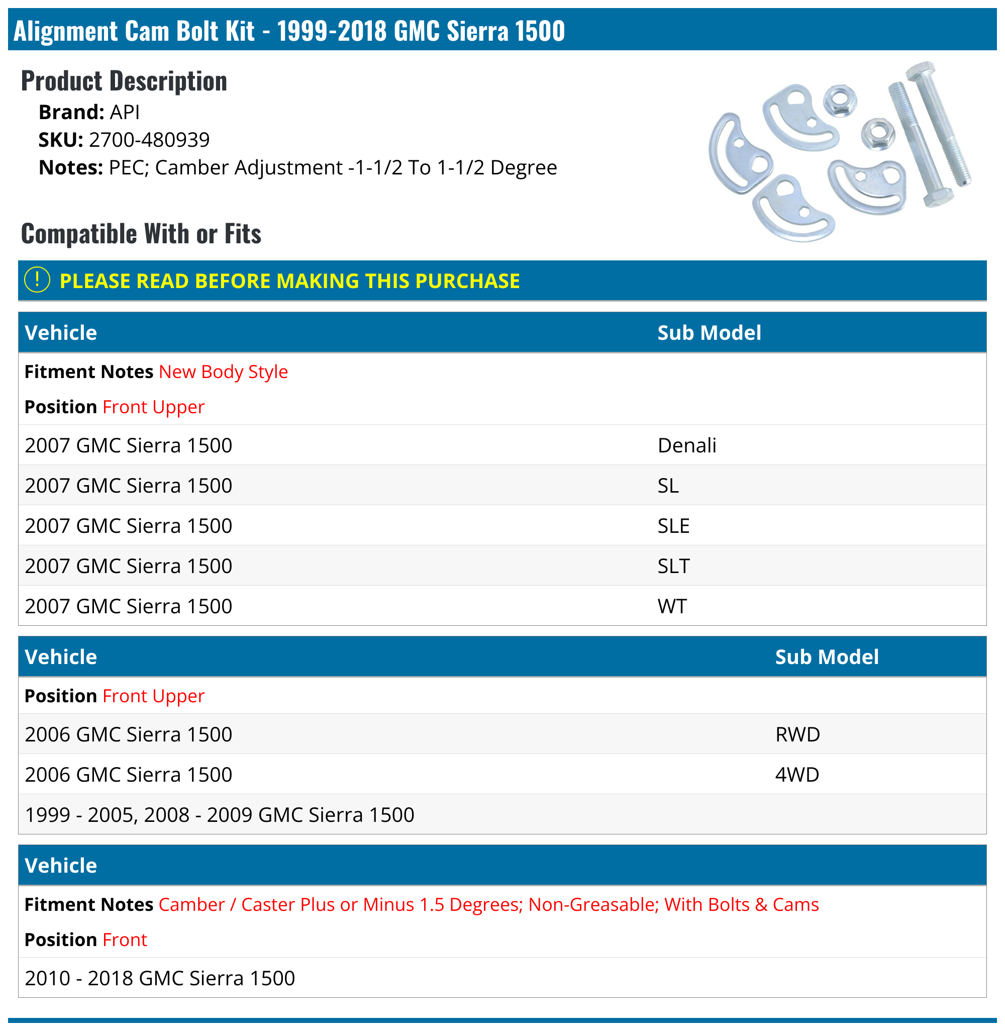 1999-2018 GMC Sierra 1500 Alignment Cam Bolt Kit - API 4254-07578783 ...