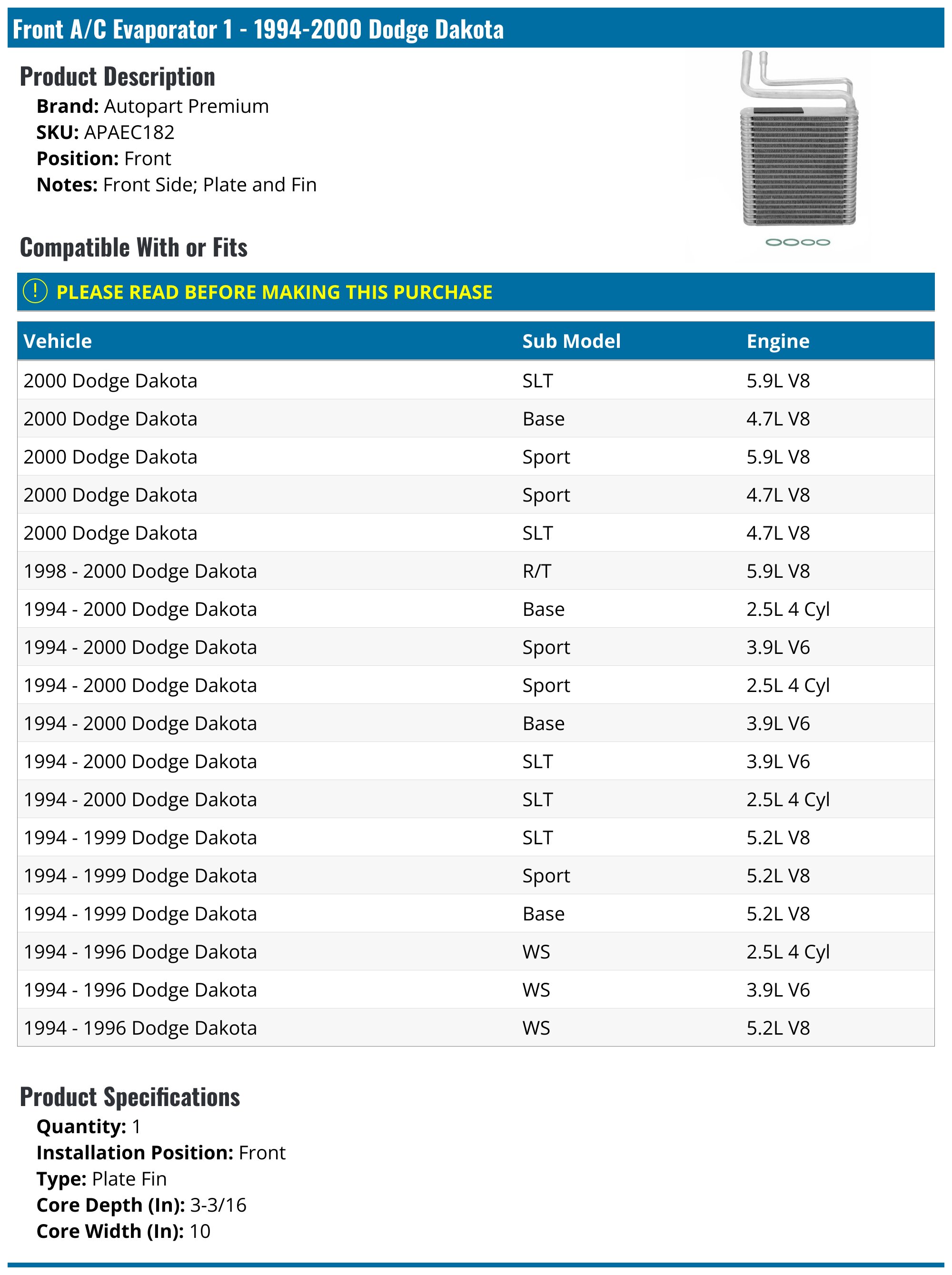 1994-2000 Dodge Dakota A/C Evaporator - Autopart Premium APAEC182 ...