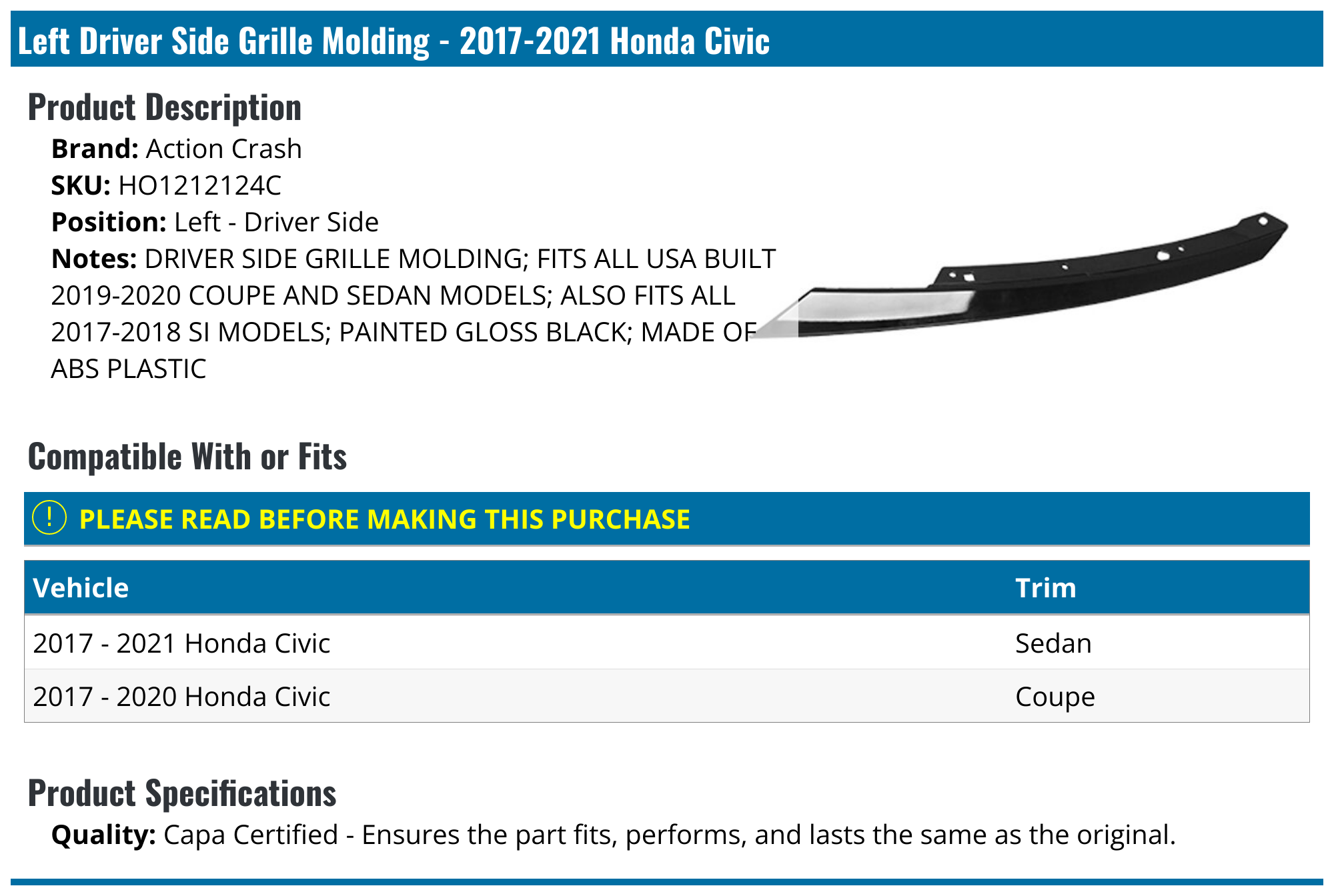 2017-2021 Honda Civic Grille Molding - Action Crash HO1212124C - Left ...