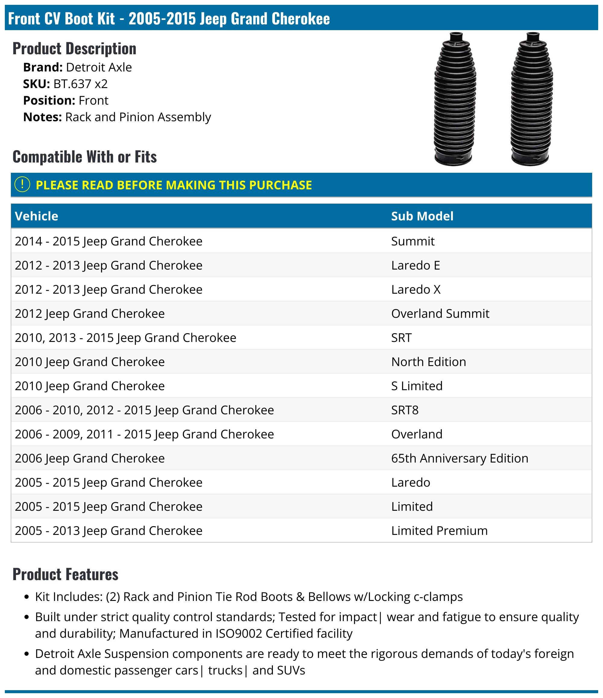 2005-2015 Jeep Grand Cherokee CV Boot - Detroit Axle BT.637 x2 ...