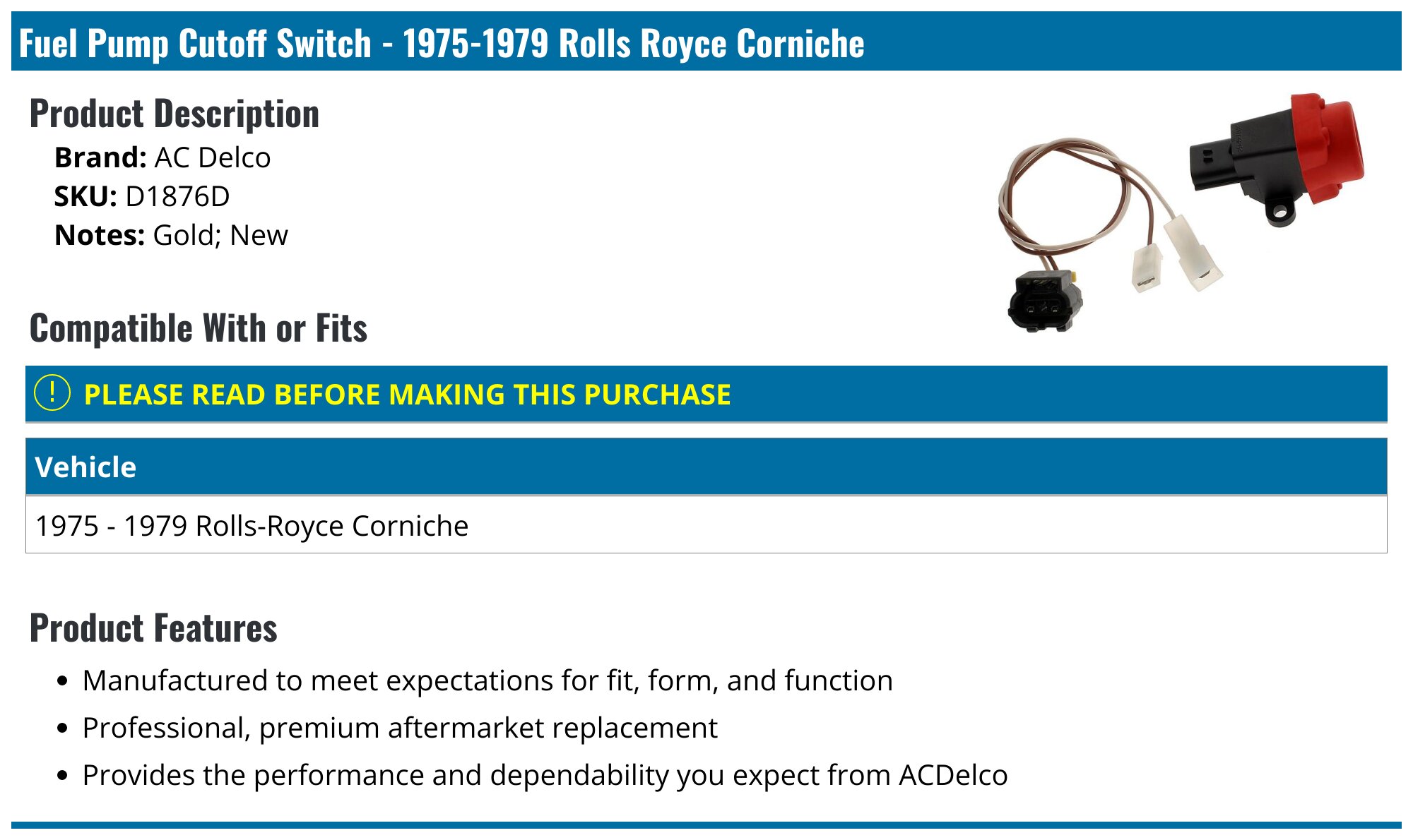 1975-1979 Rolls Royce Corniche Fuel Pump Cutoff Switch - AC Delco ...
