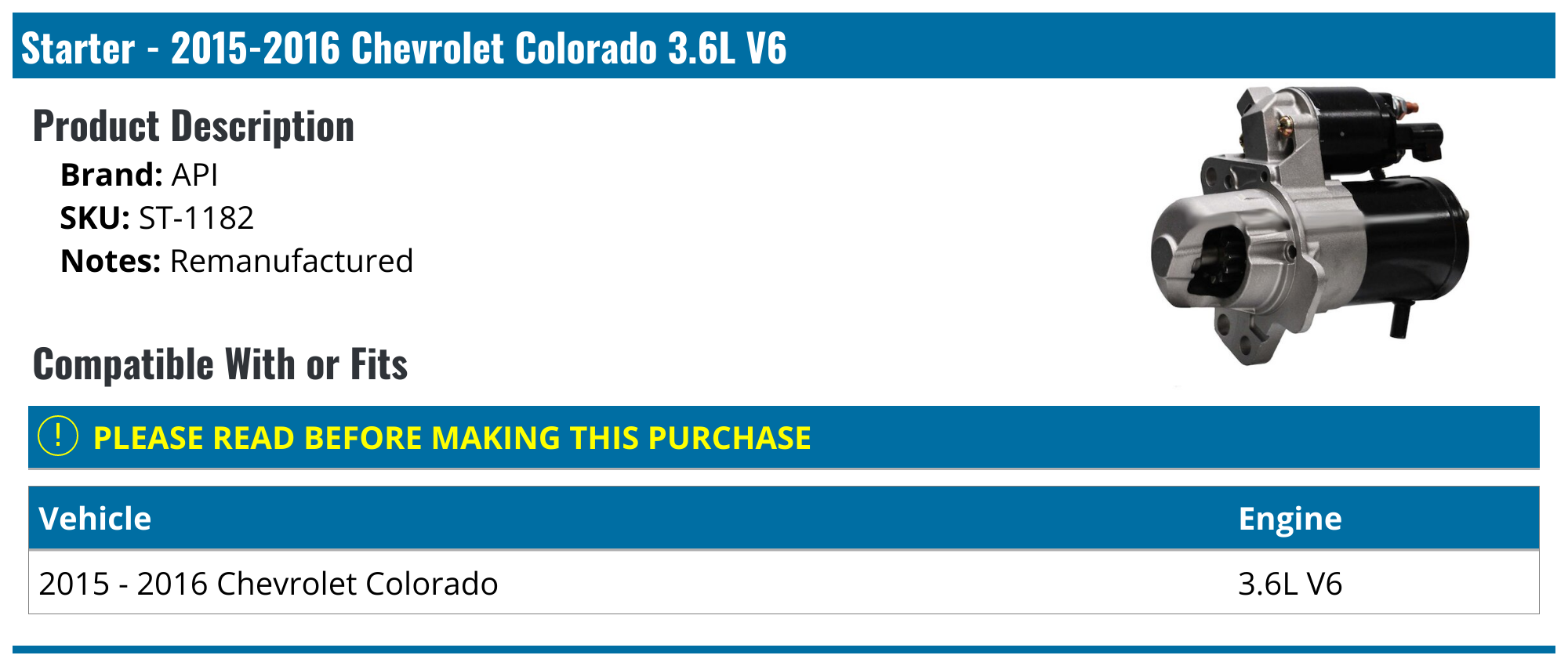 2015-2016 Chevrolet Colorado Starter - API 129829-07995091 - PartsGeek.com