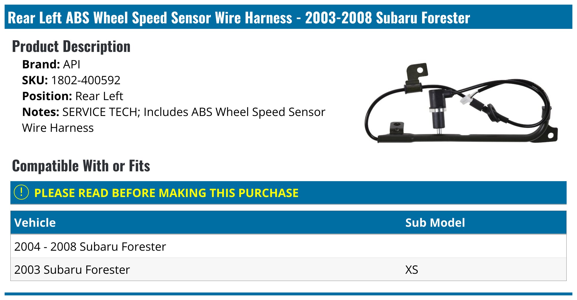 2003-2008 Subaru Forester ABS Speed Sensor - API 350-07634852 - Rear ...