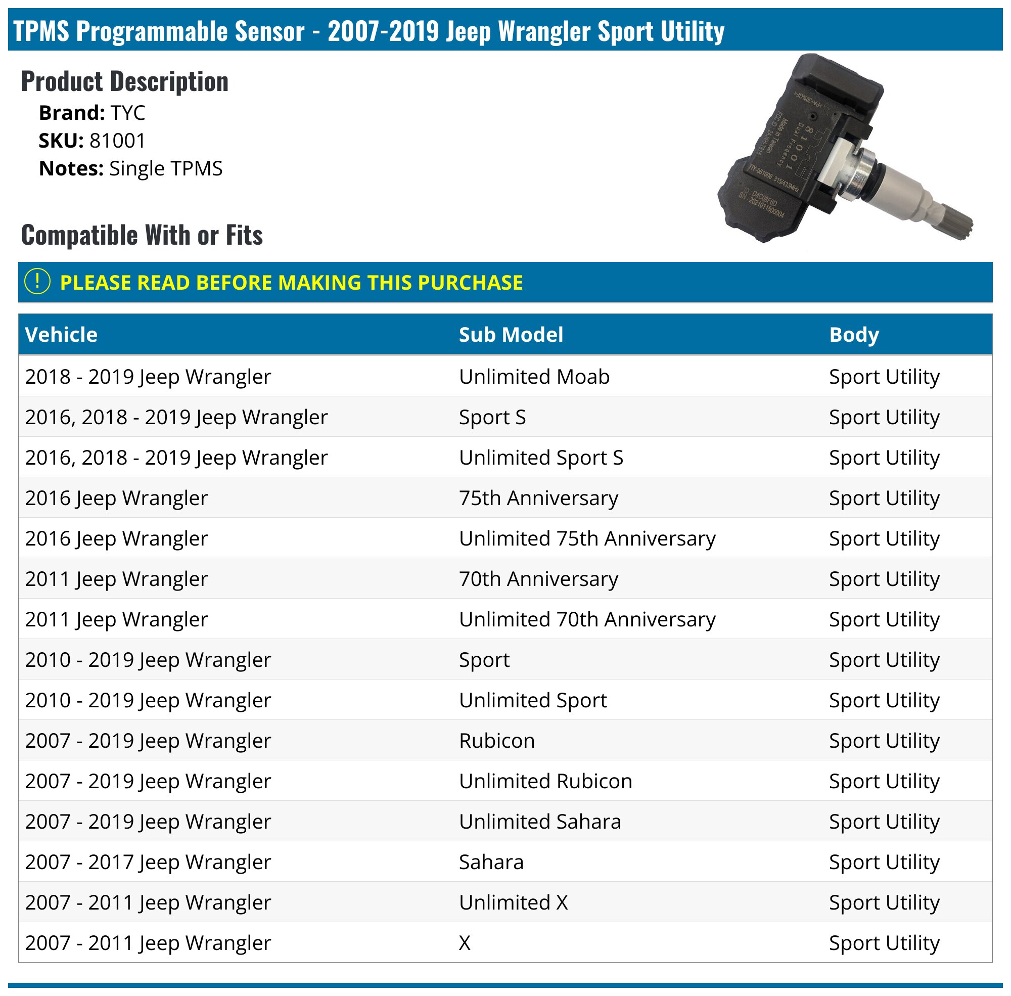 2007-2019 Jeep Wrangler Tire Pressure Monitoring Sensor - TYC 81001 ...