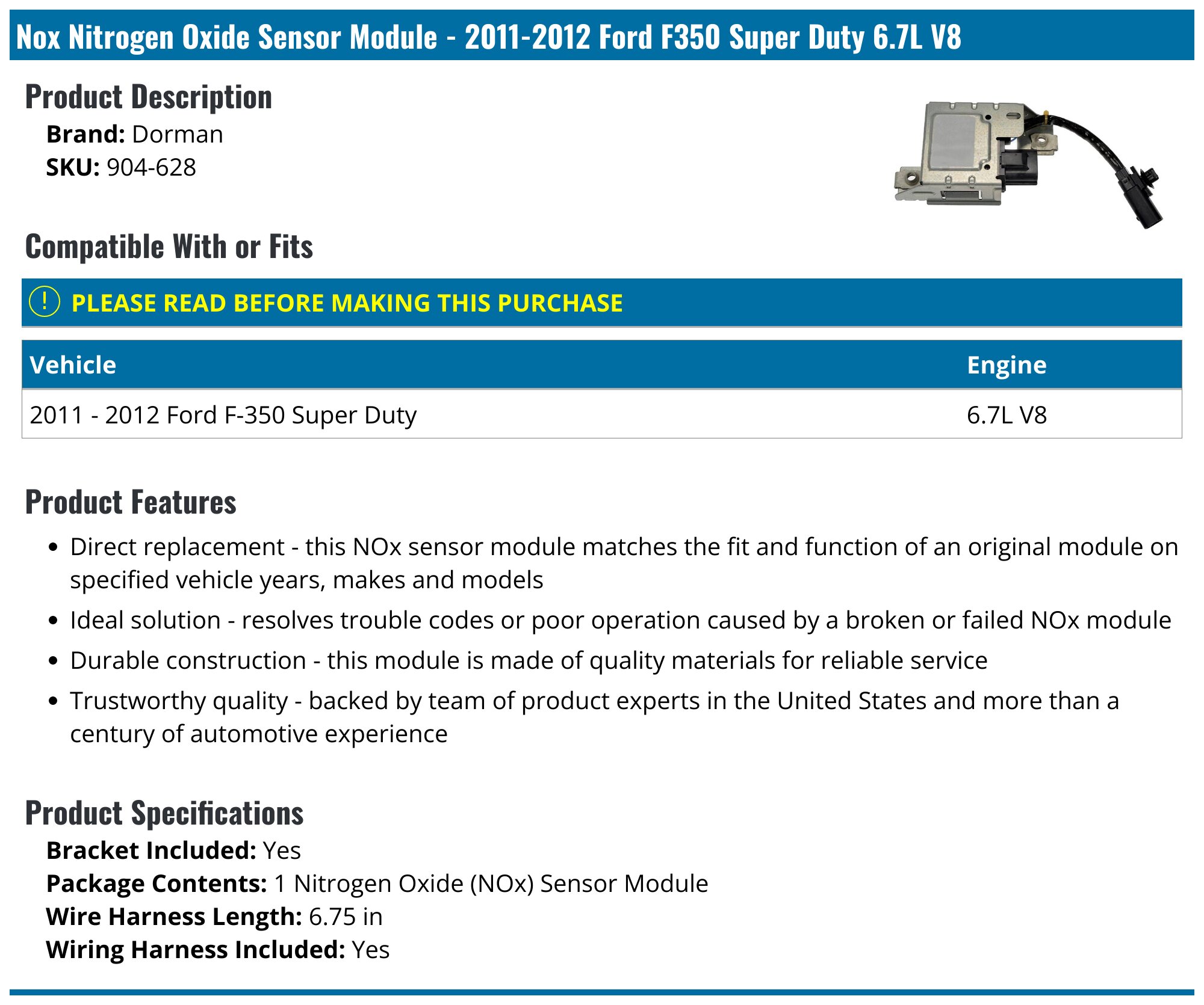 2011-2012 Ford F350 Super Duty Nox Nitrogen Oxide Sensor Module ...