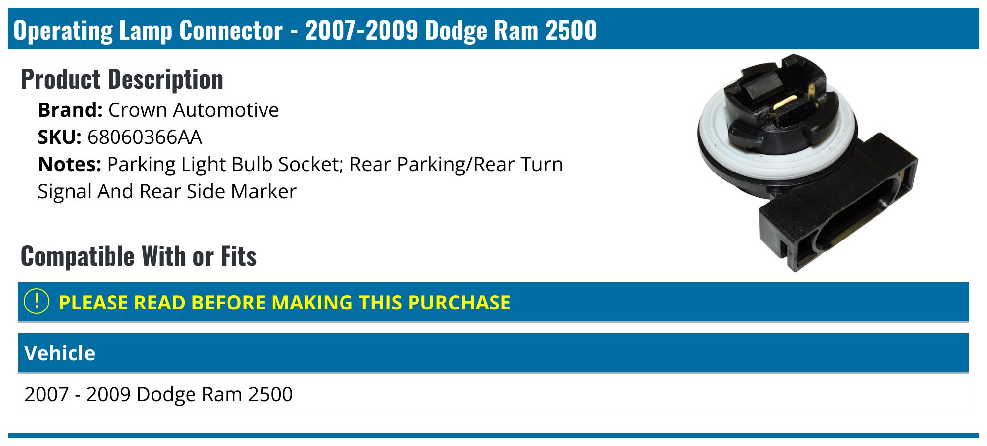 2007-2009 Dodge Ram 2500 Operating Lamp Connector - Crown Automotive ...