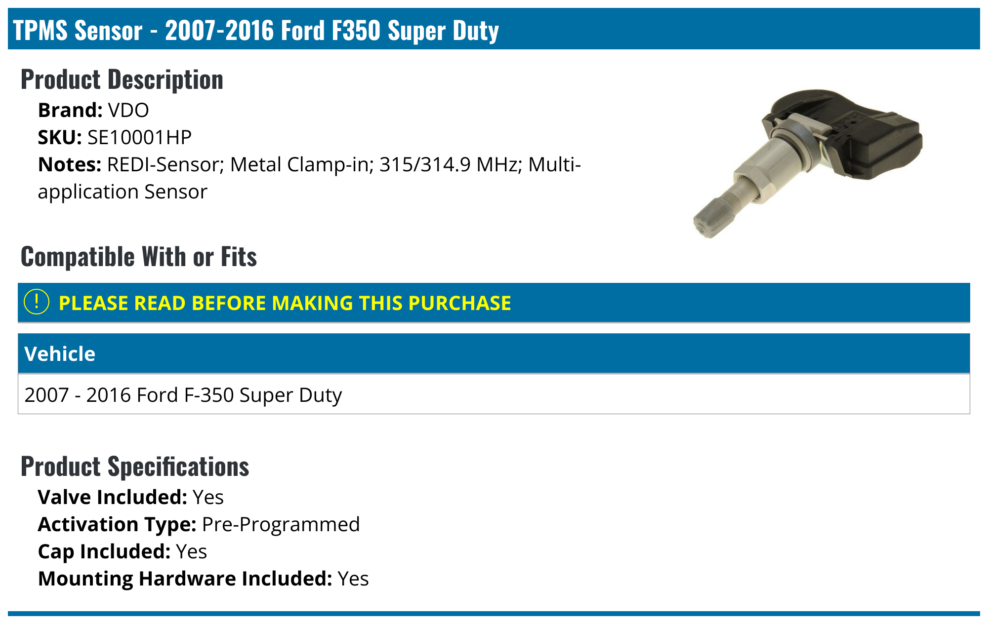 2007-2016 Ford F350 Super Duty Tire Pressure Monitoring Sensor - VDO ...