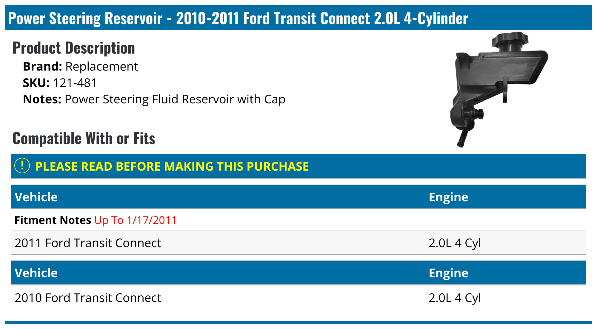 2010-2011 Ford Transit Connect Power Steering Reservoir - Replacement ...