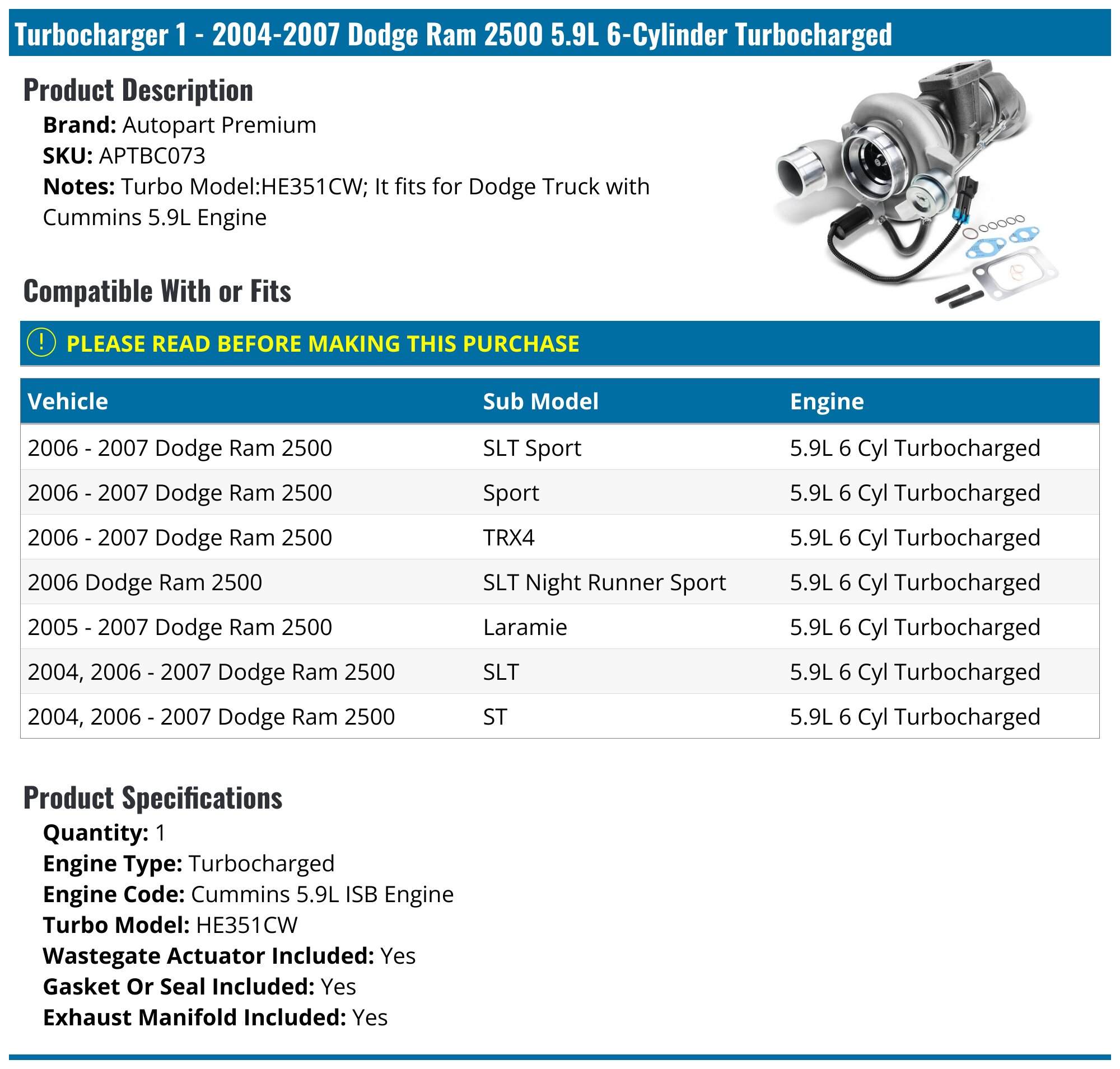 2004-2007 Dodge Ram 2500 Turbocharger - Autopart Premium APTBC073 ...