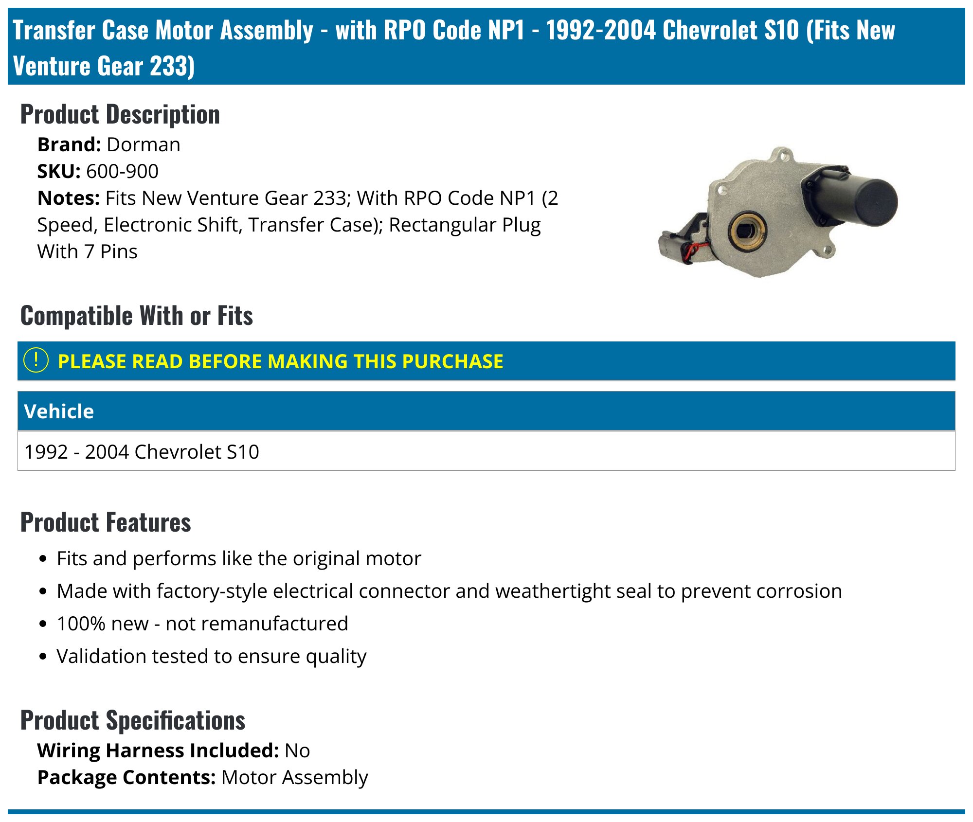 1992-2004 Chevrolet S10 Transfer Case Motor - Dorman 600-900 ...