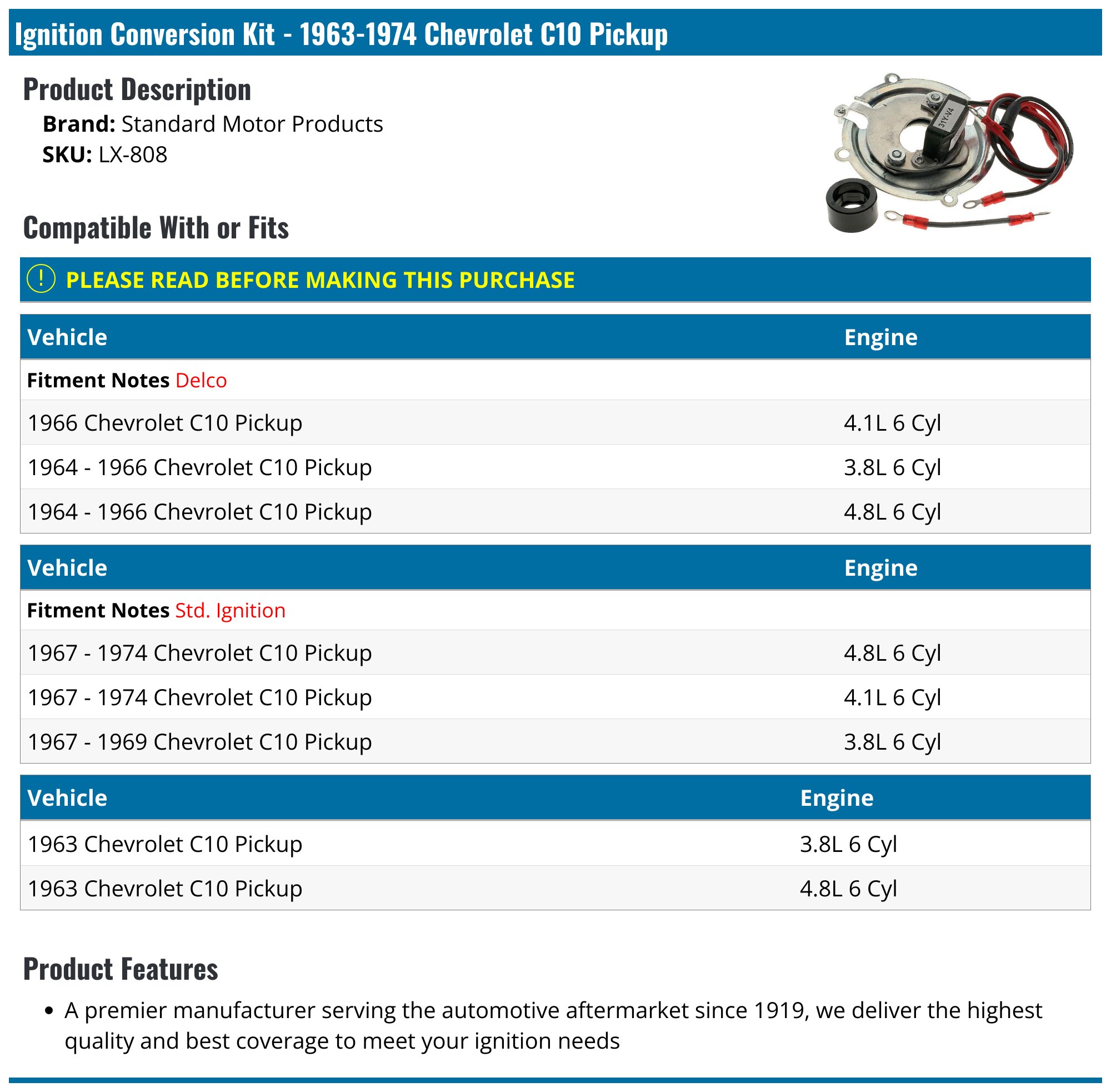 1963-1974 Chevrolet C10 Pickup Ignition Conversion Kit - Standard Motor ...