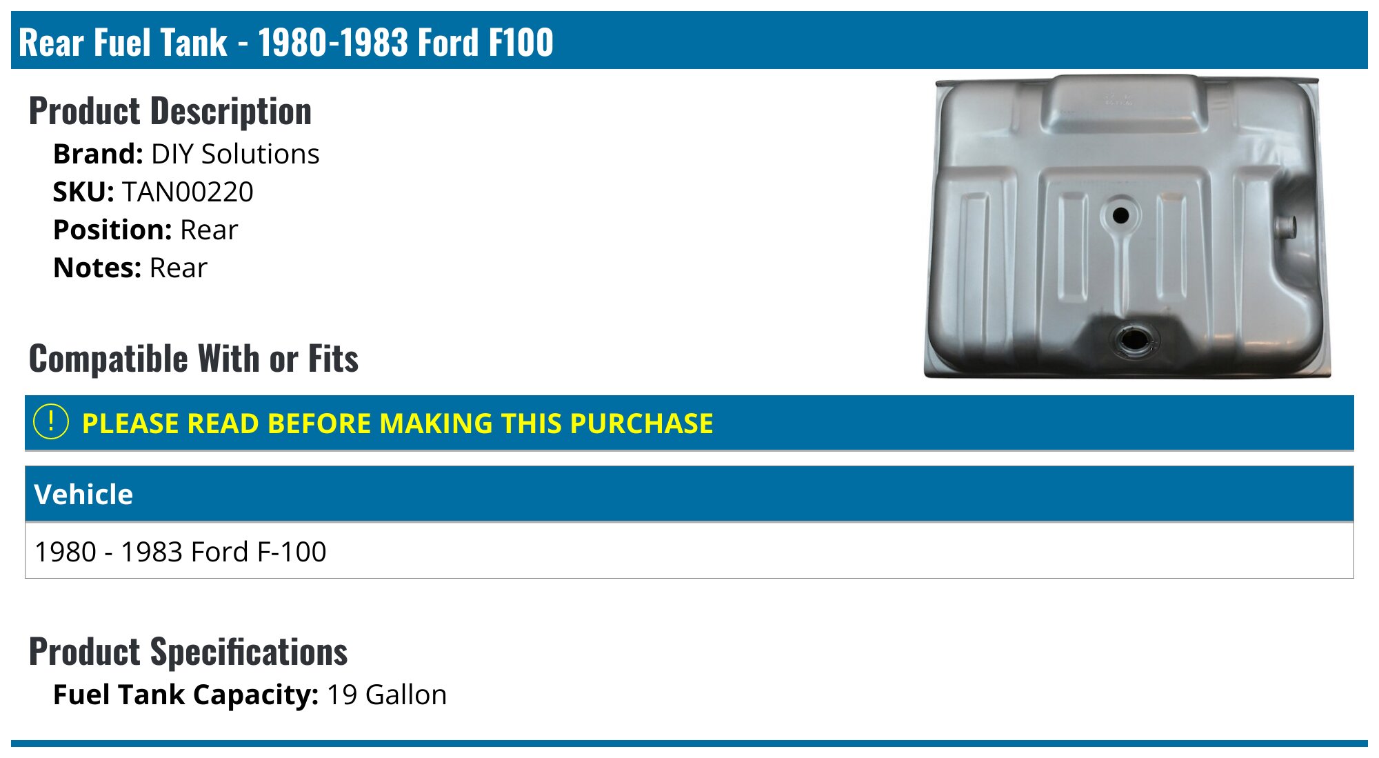 1980-1983 Ford F100 Fuel Tank - DIY Solutions TAN00220 - Rear ...