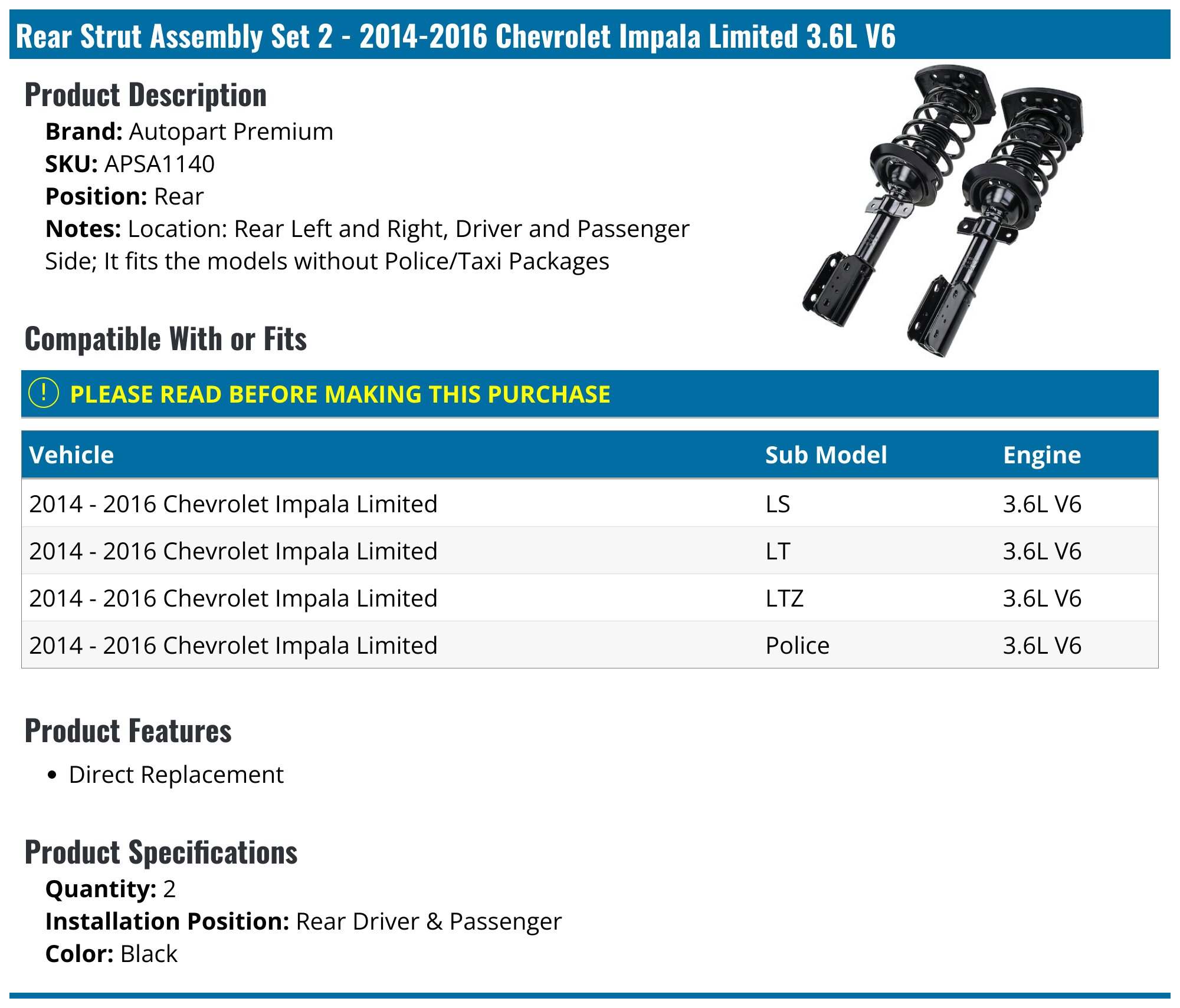 2014-2016 Chevrolet Impala Limited Strut Assembly - Autopart Premium ...
