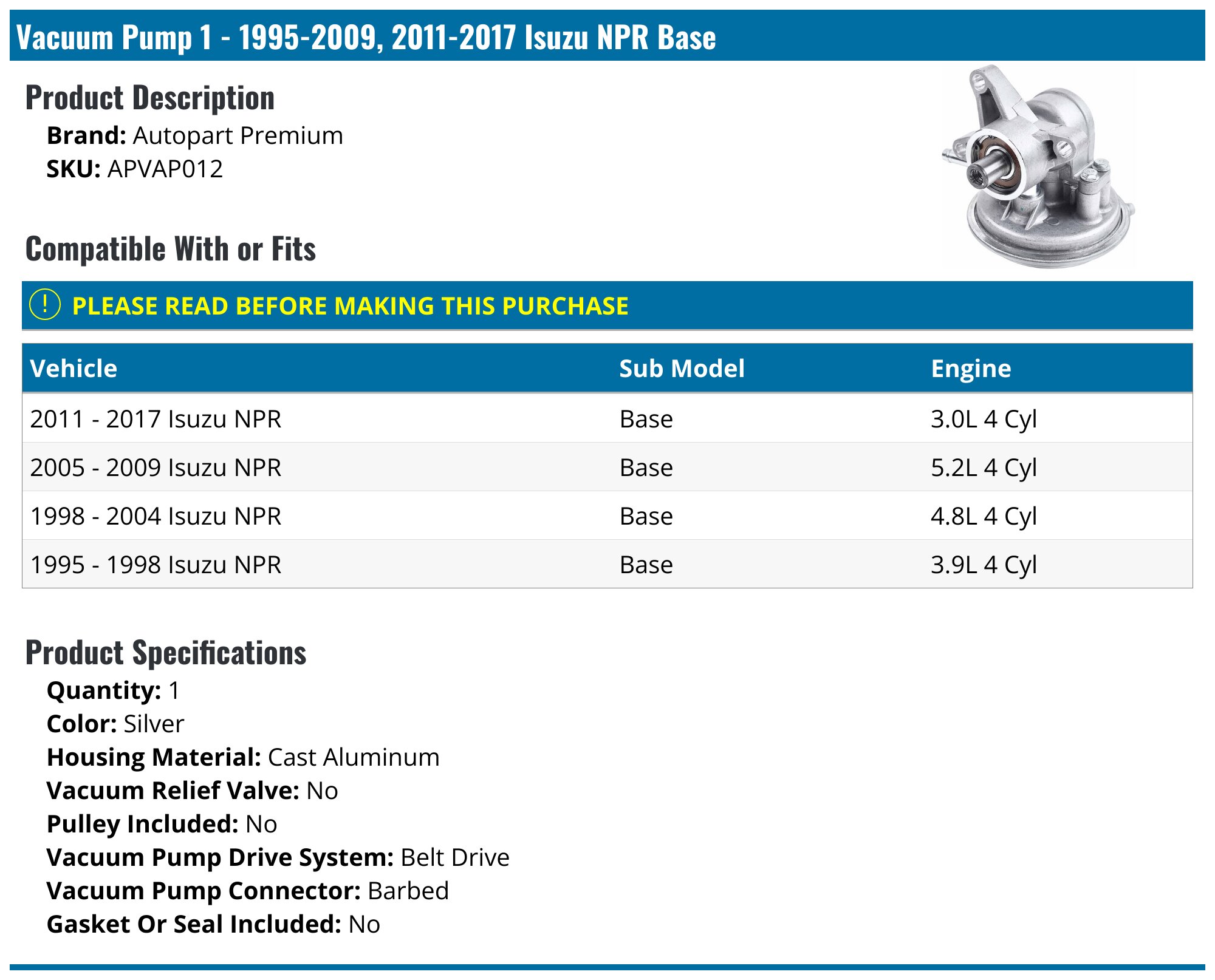 1995-2009, 2011-2017 Isuzu NPR Vacuum Pump - Autopart Premium APVAP012 ...