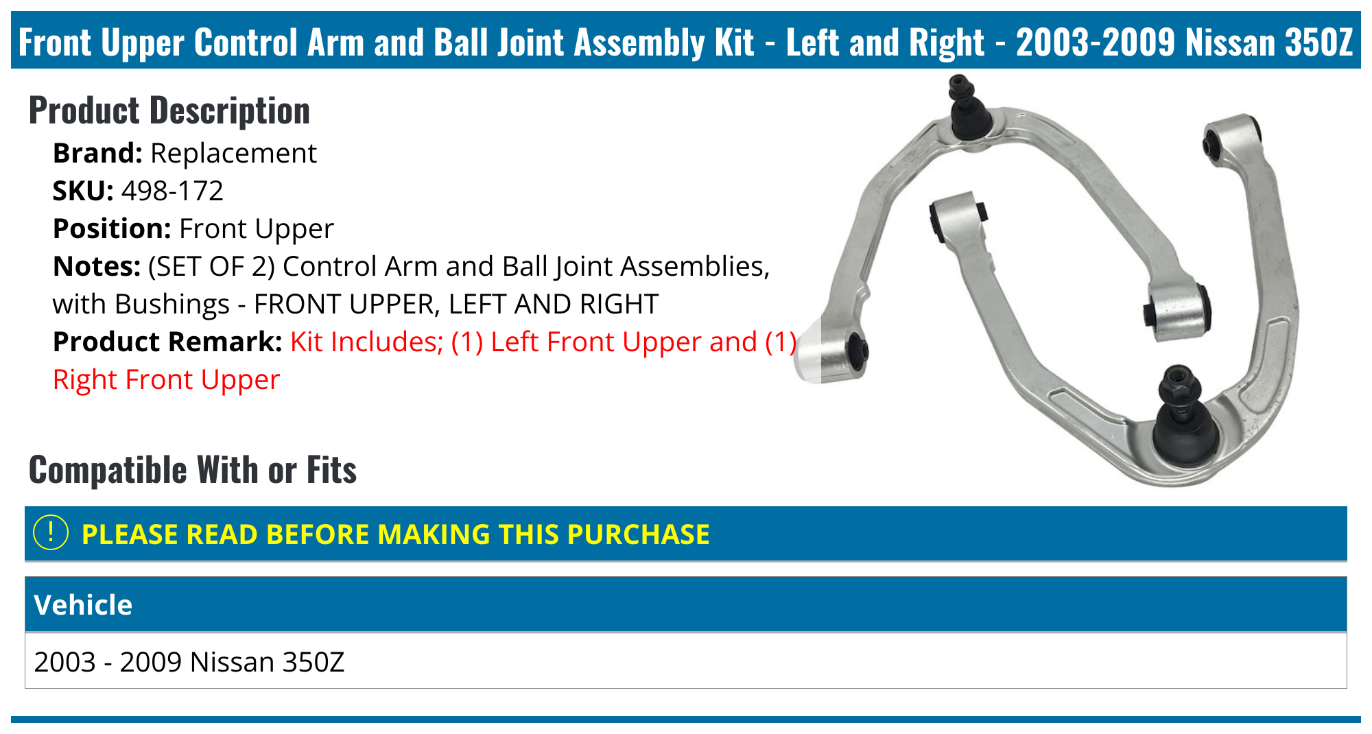 2003-2009 Nissan 350Z Control Arm - Replacement 498-172 - Front Upper ...