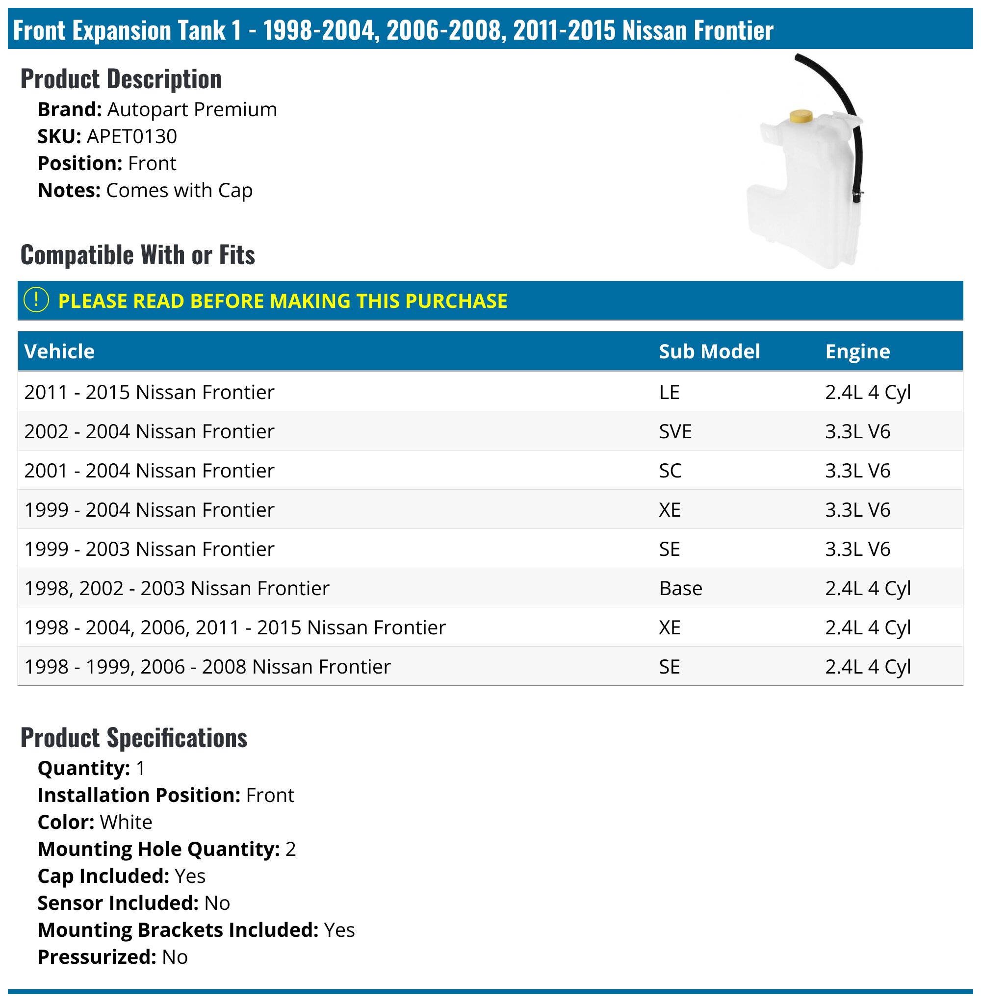 1998-2004, 2006-2008, 2011-2015 Nissan Frontier Expansion Tank ...