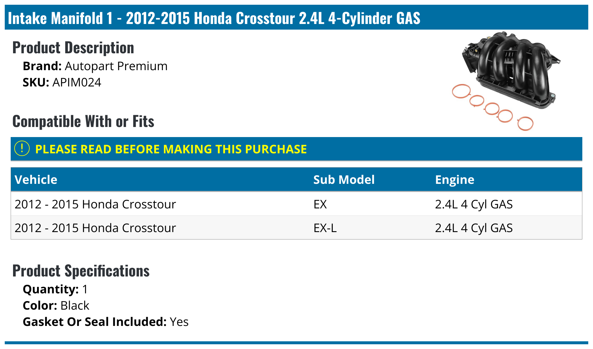 2012-2015 Honda Crosstour Intake Manifold - Autopart Premium APIM024 ...