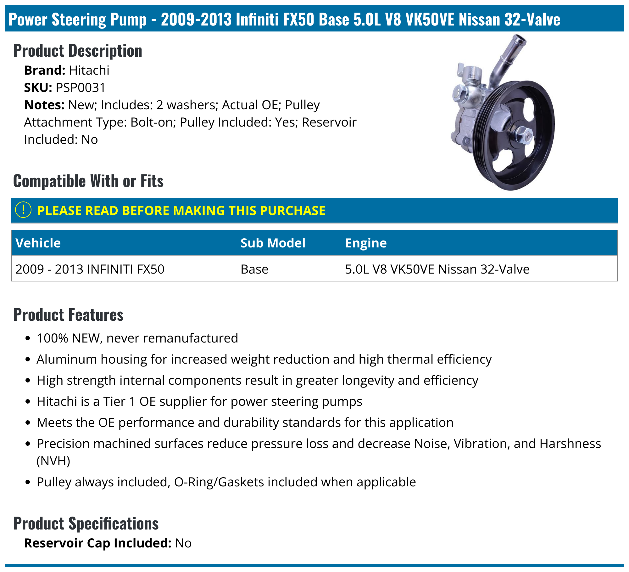 2009-2013 Infiniti FX50 Power Steering Pump - Hitachi PSP0031 ...