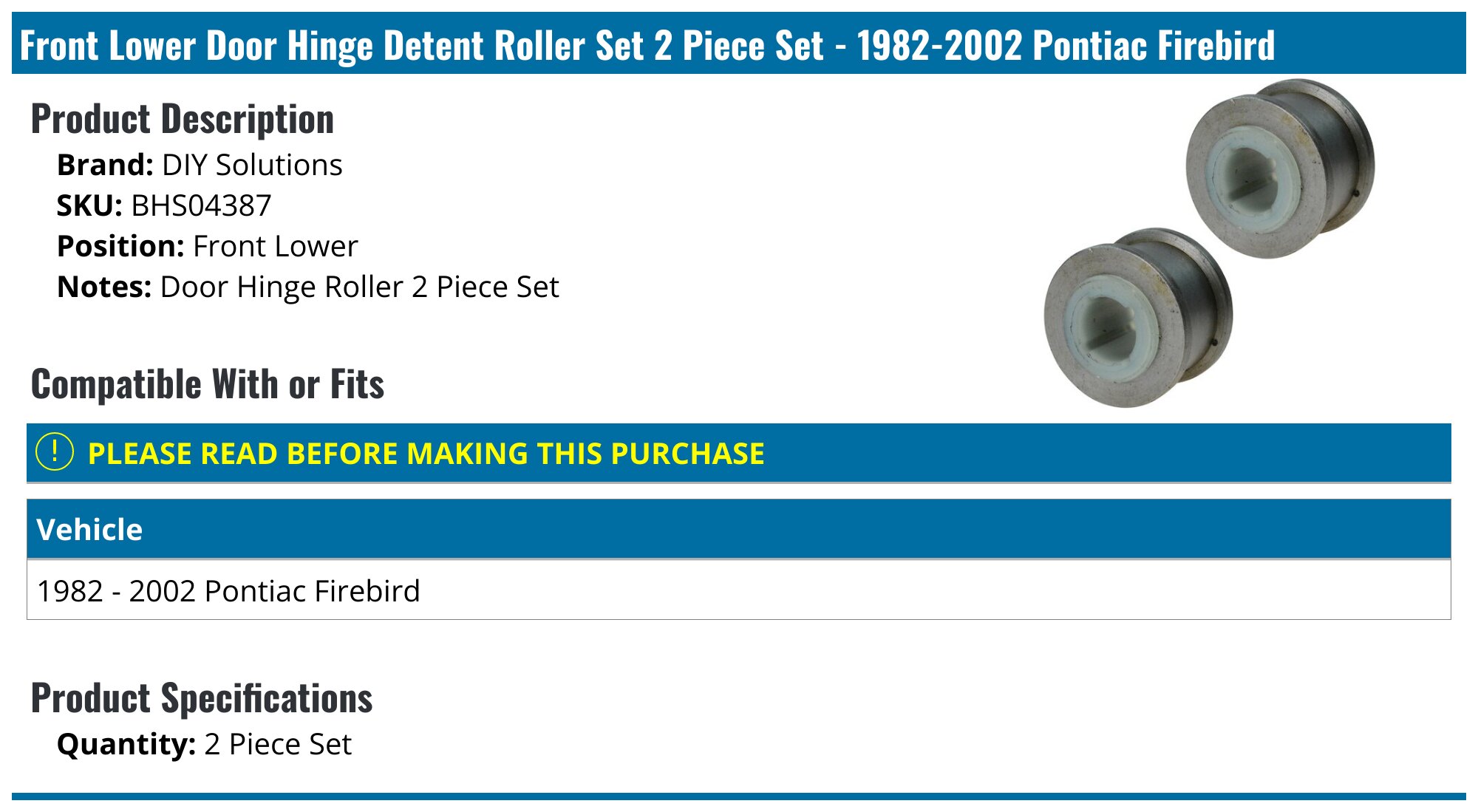 1982-2002 Pontiac Firebird Door Hinge Detent Roller Set - DIY Solutions ...