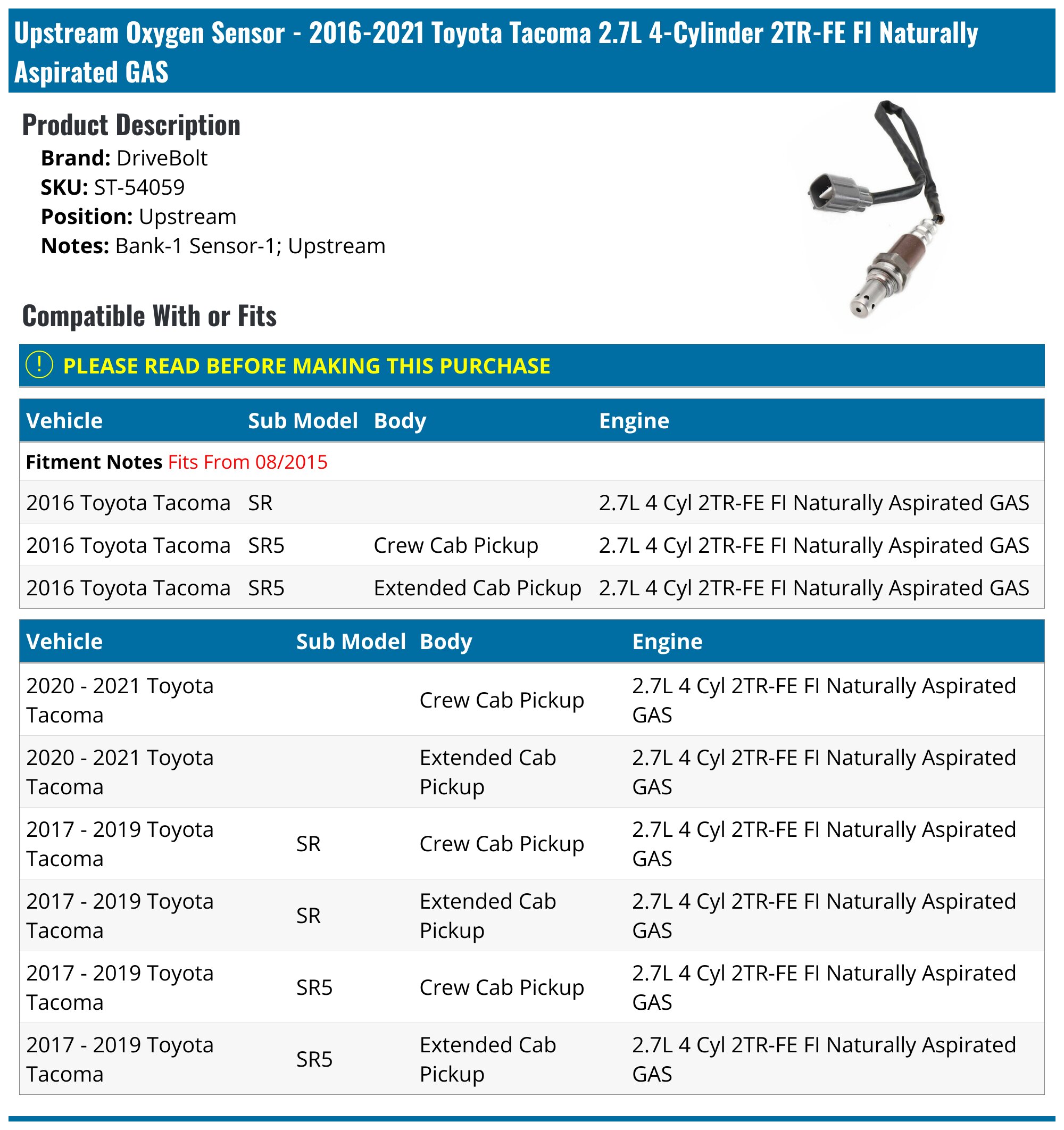 2016-2021 Toyota Tacoma Oxygen Sensor - DriveBolt ST-54059 - Upstream ...